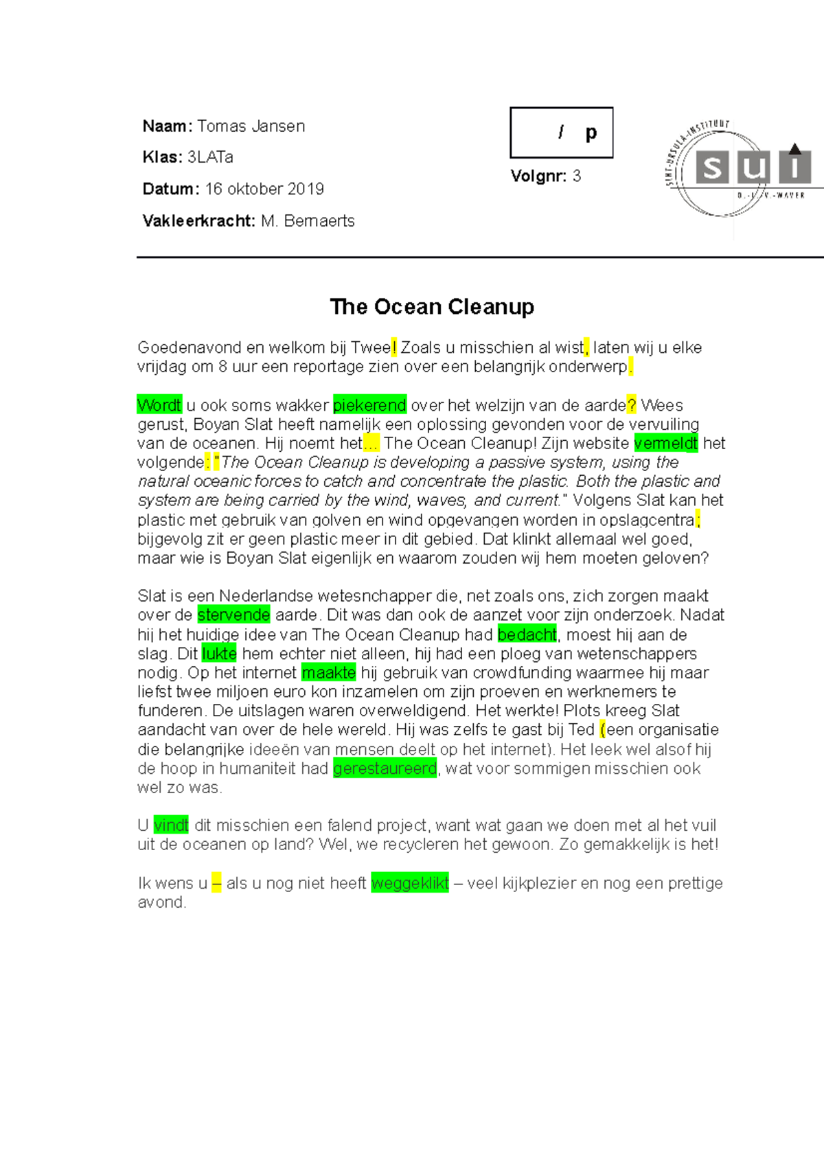 The Ocean Cleanup - Taak leestekens en werkwoorden aanduiden - Naam ...