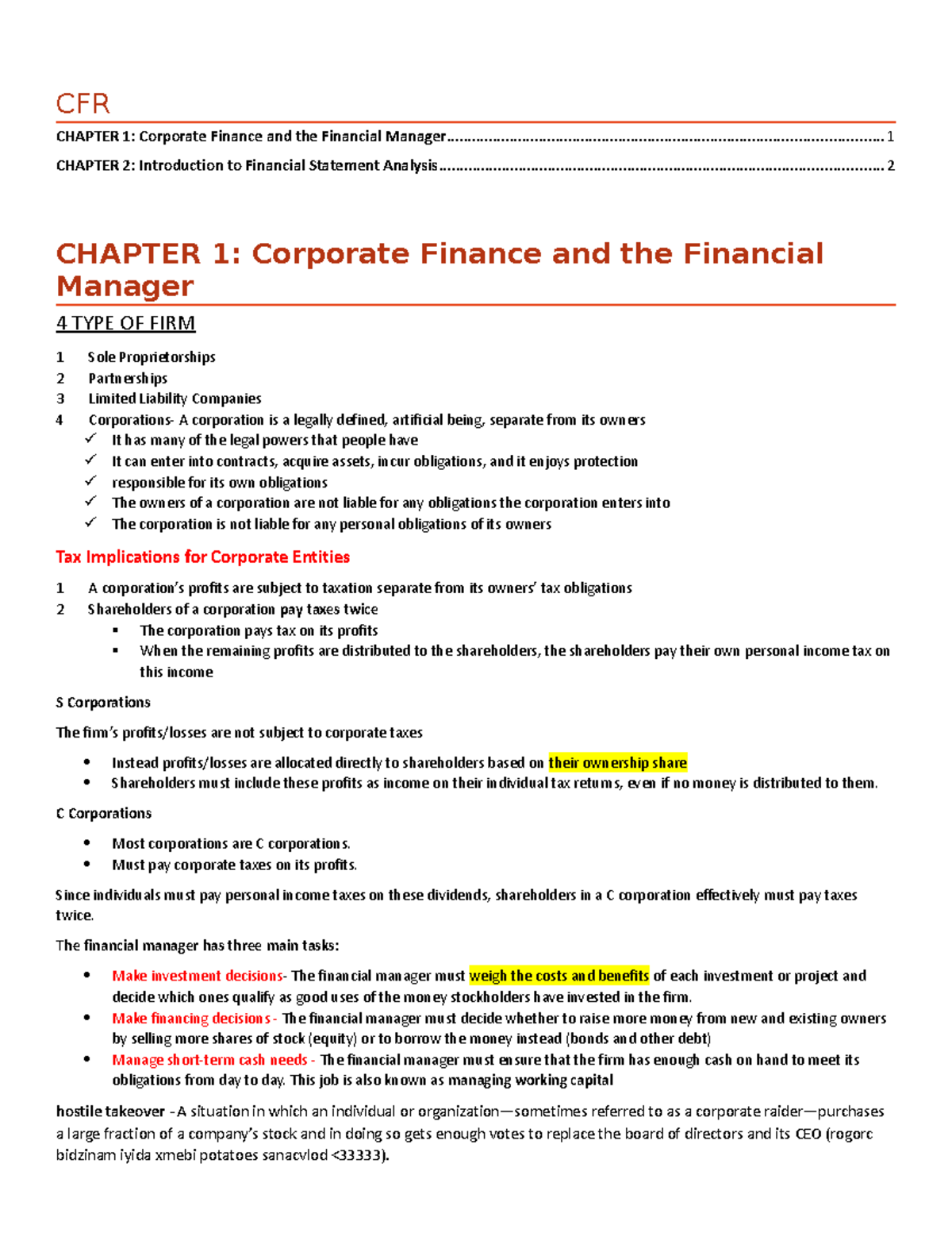 CFR - iiii - CFR CHAPTER 1: Corporate Finance and the Financial - Studocu