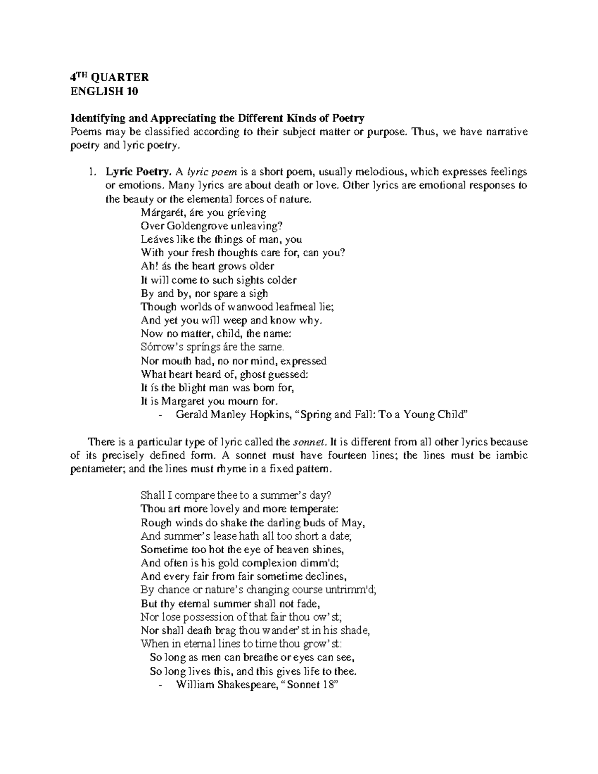 English 10 4th Q Identifying and Appreciating the Different Kinds of ...