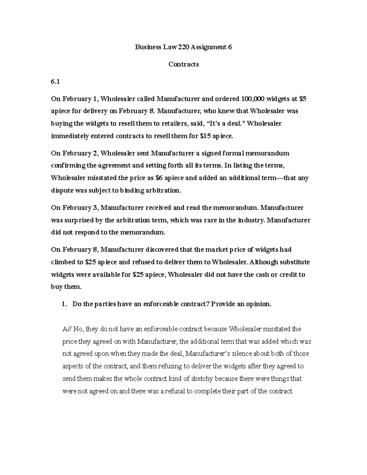 Business Law 220 Assignment 6 - Business Law 220 Assignment 6 Contracts ...