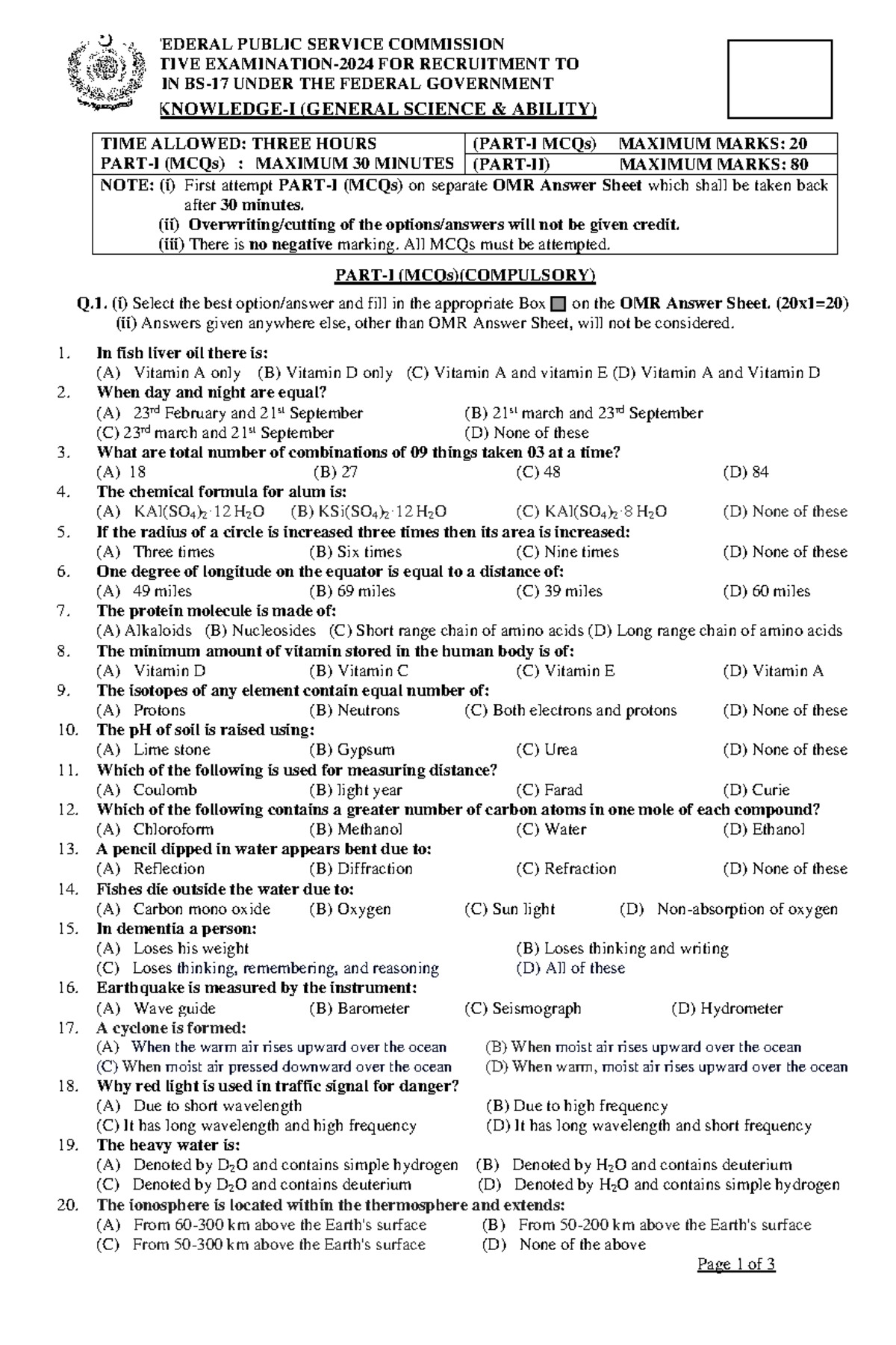 2024 06 27 05 06 15 GK I - General knowledge paper - TIME ALLOWED ...