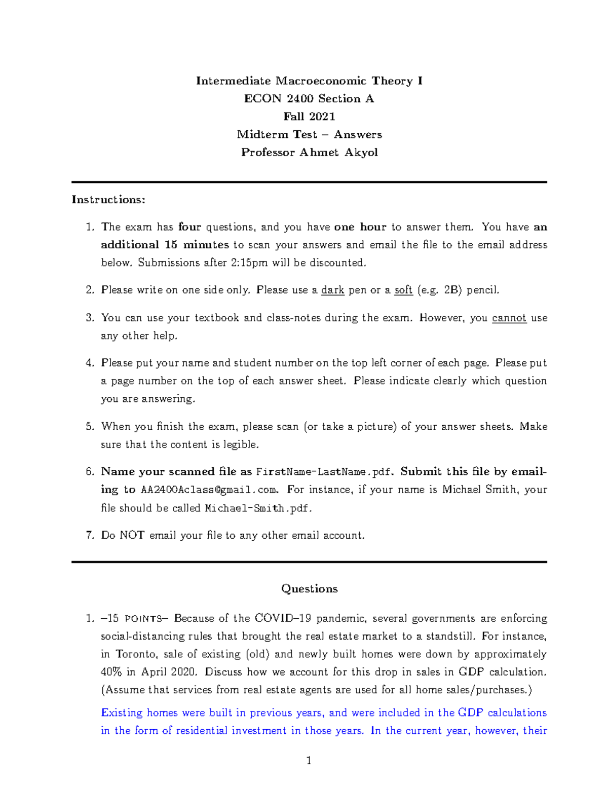 2400 Midterm Fall2021 A Solutions - Intermediate Macroeconomic Theory I ...