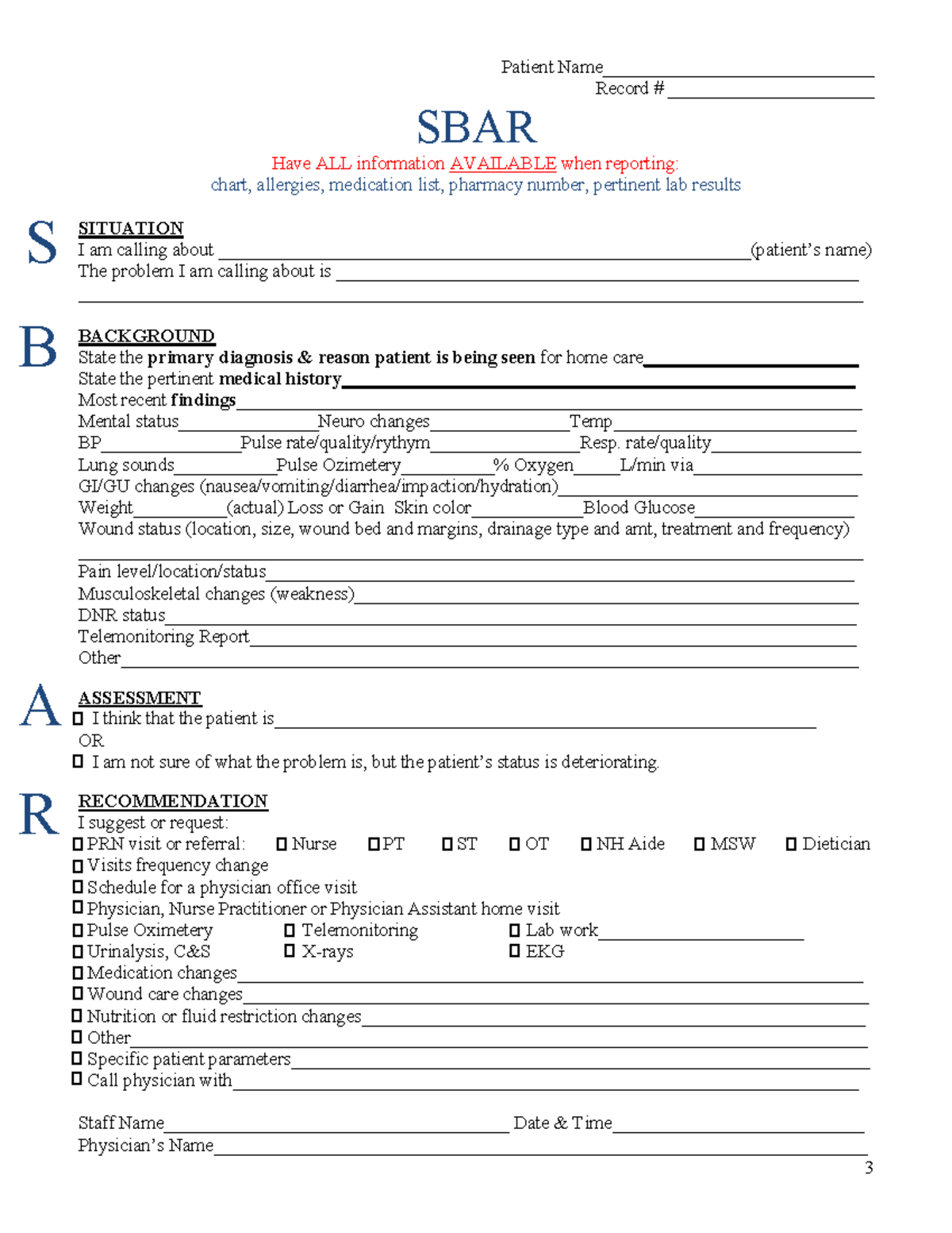 SBAR-PDF - SBAR for clinical and SIMLAB - 3 Patient Name ...