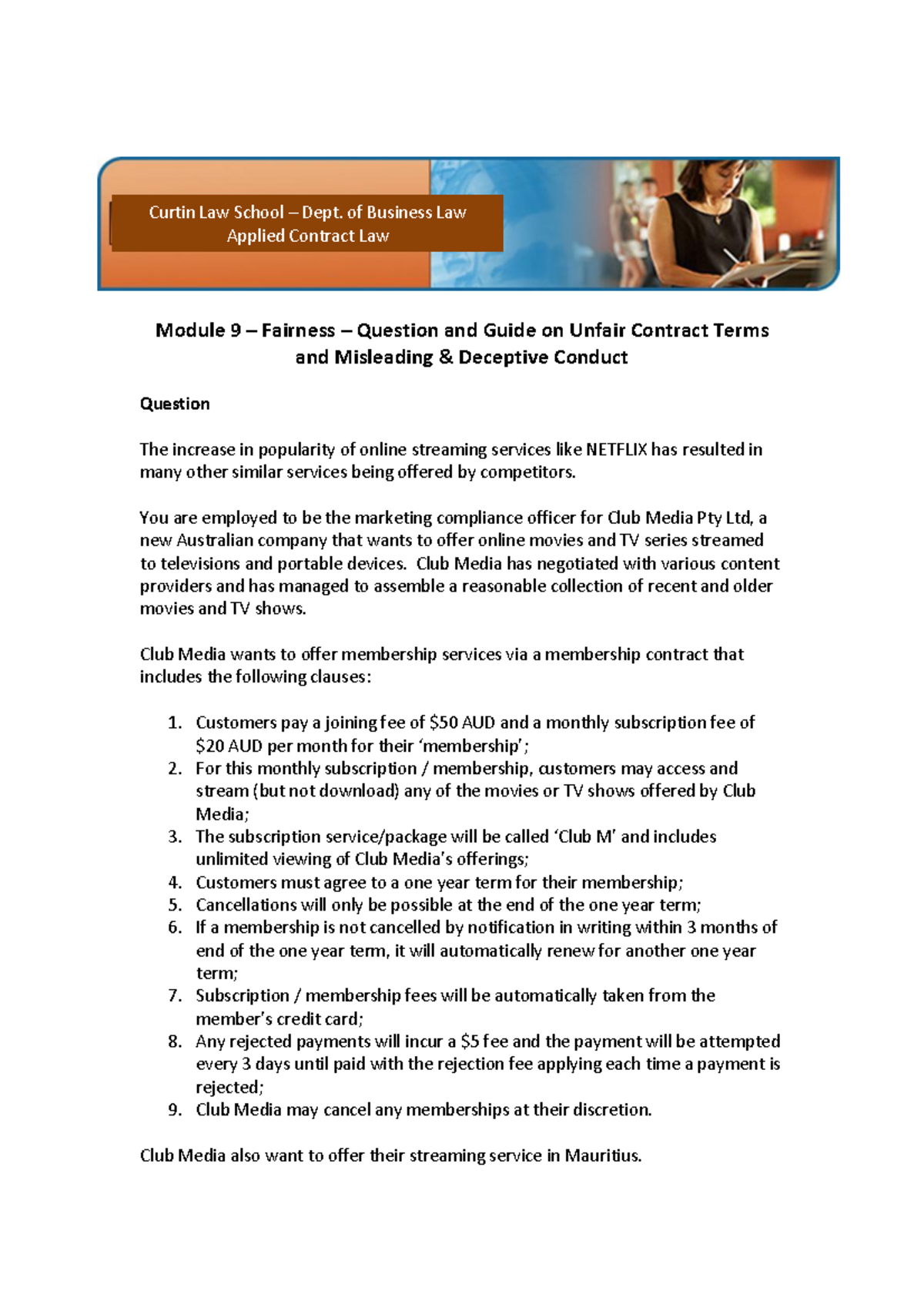 Module 9 - Unfairness - Question and Guide on Unfair Contract Terms and ...