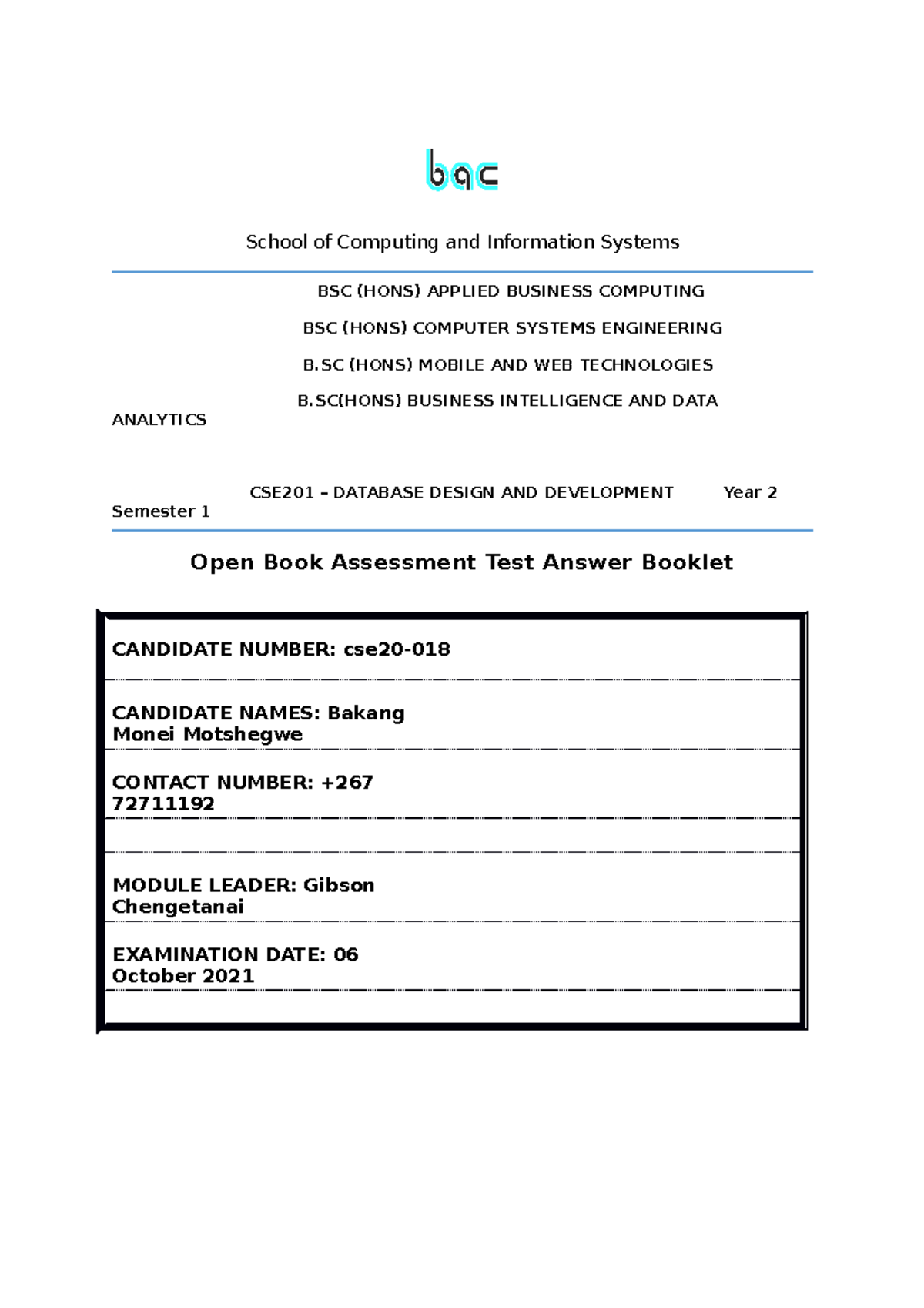 DDD Assessment Test Answer booklet - School of Computing and ...