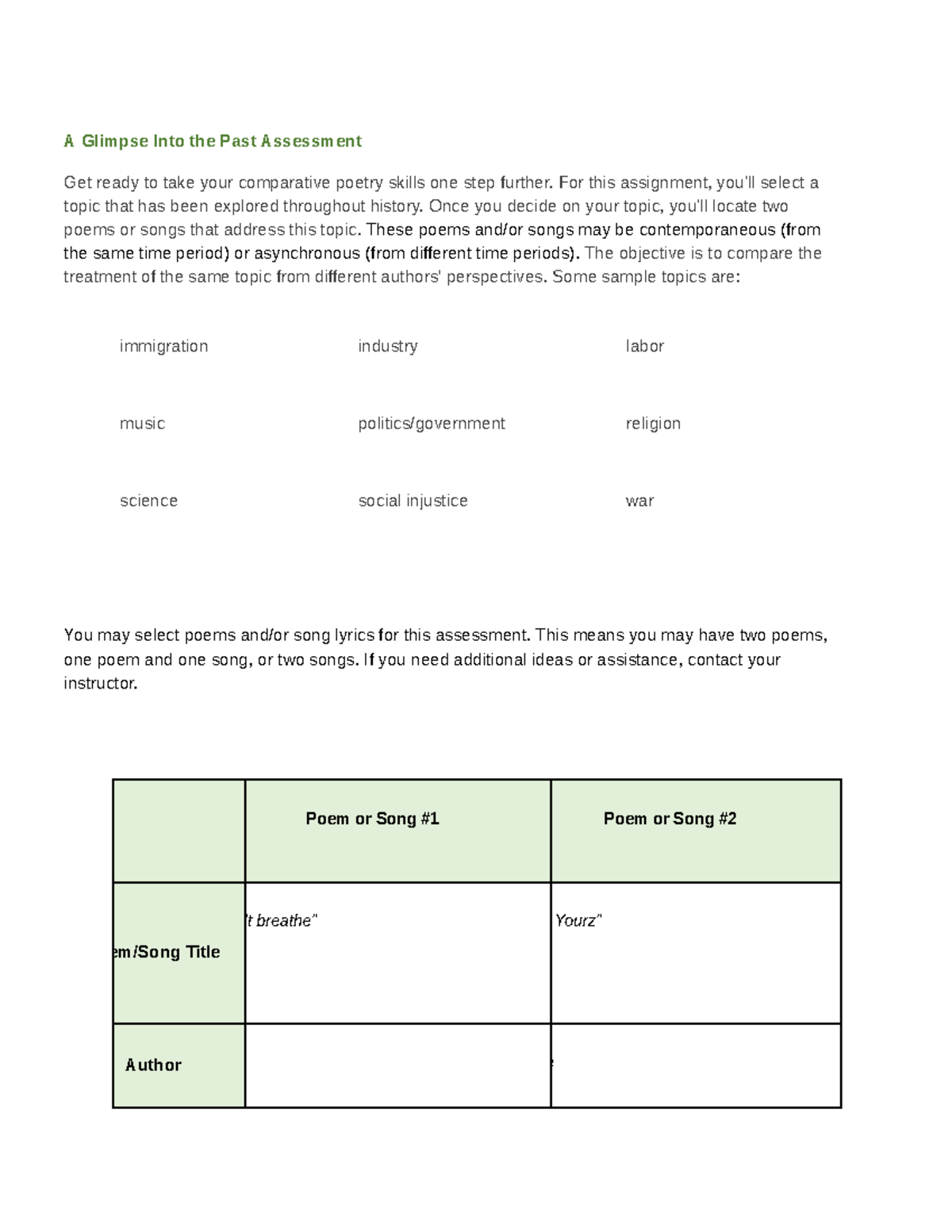 A Glimpse Into the Past Assessment - Google Docs - A Glimpse Into the ...