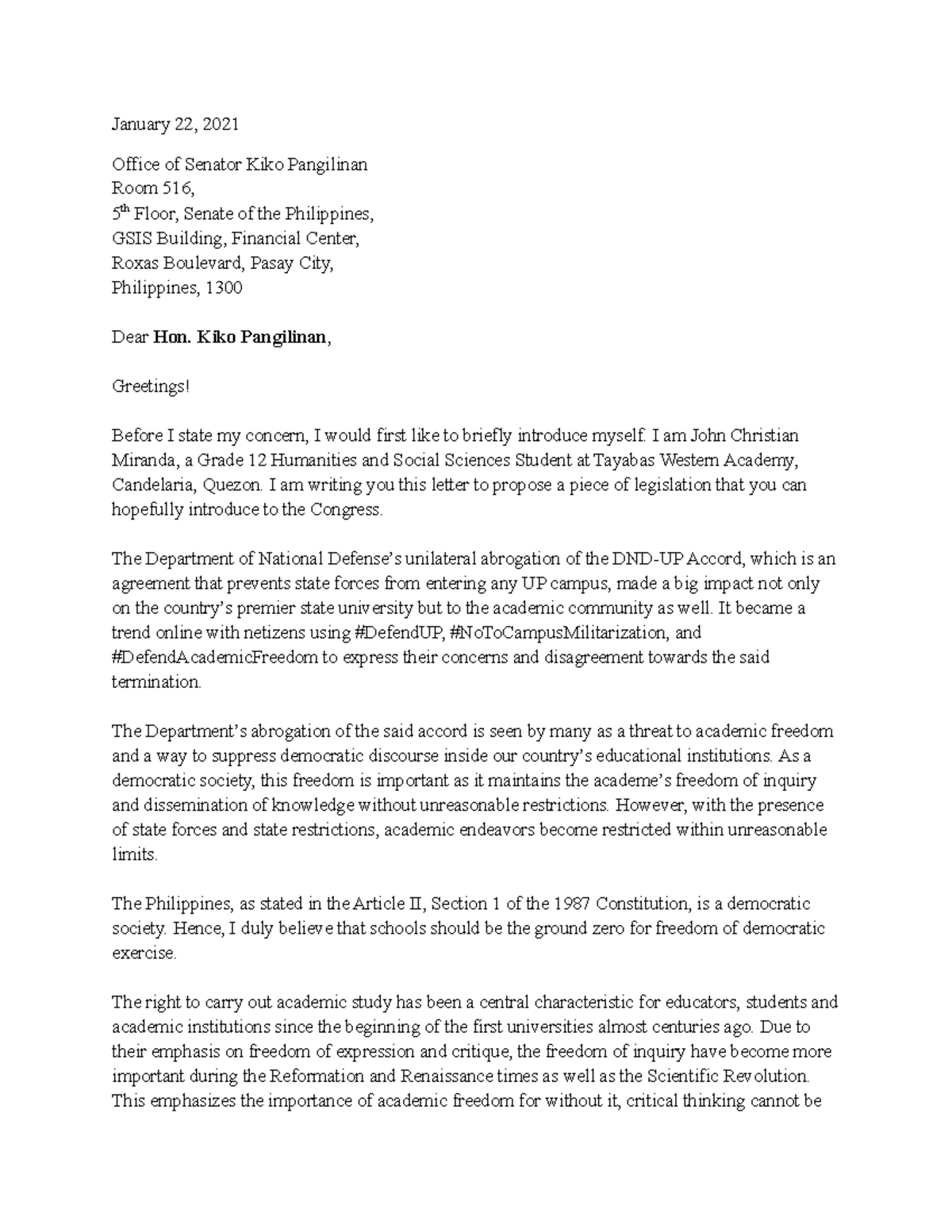 Letter-to-Senator - research - January 22, 2021 Office of Senator Kiko ...