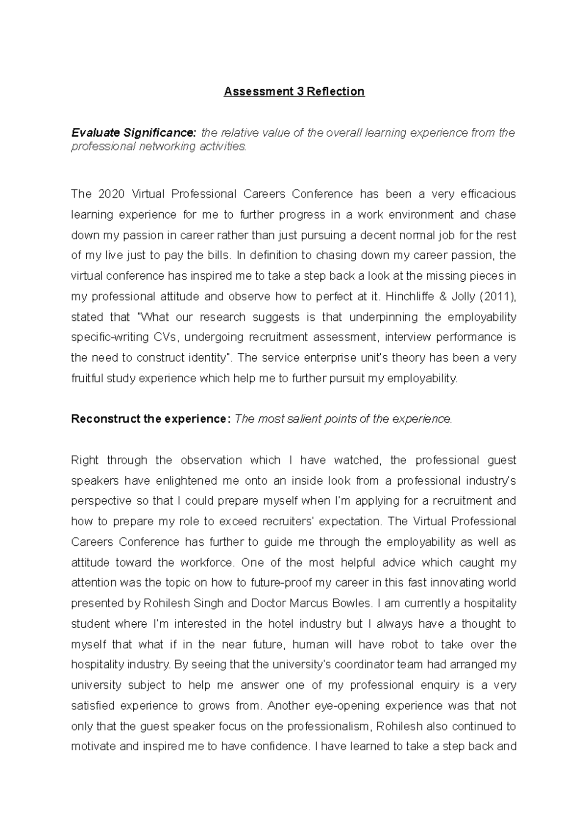Assessment 3 reflection - Assessment 3 Reflection Evaluate Significance ...