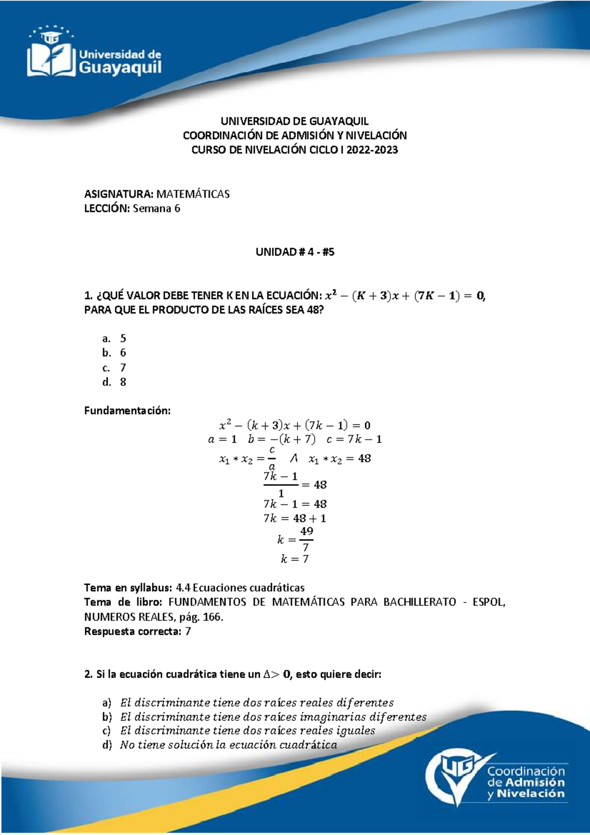 U4 U5 Leccion 2 S6 Semana6 Nivelacion Matematicas Universidad De Guayaquil CoordinaciÓn 