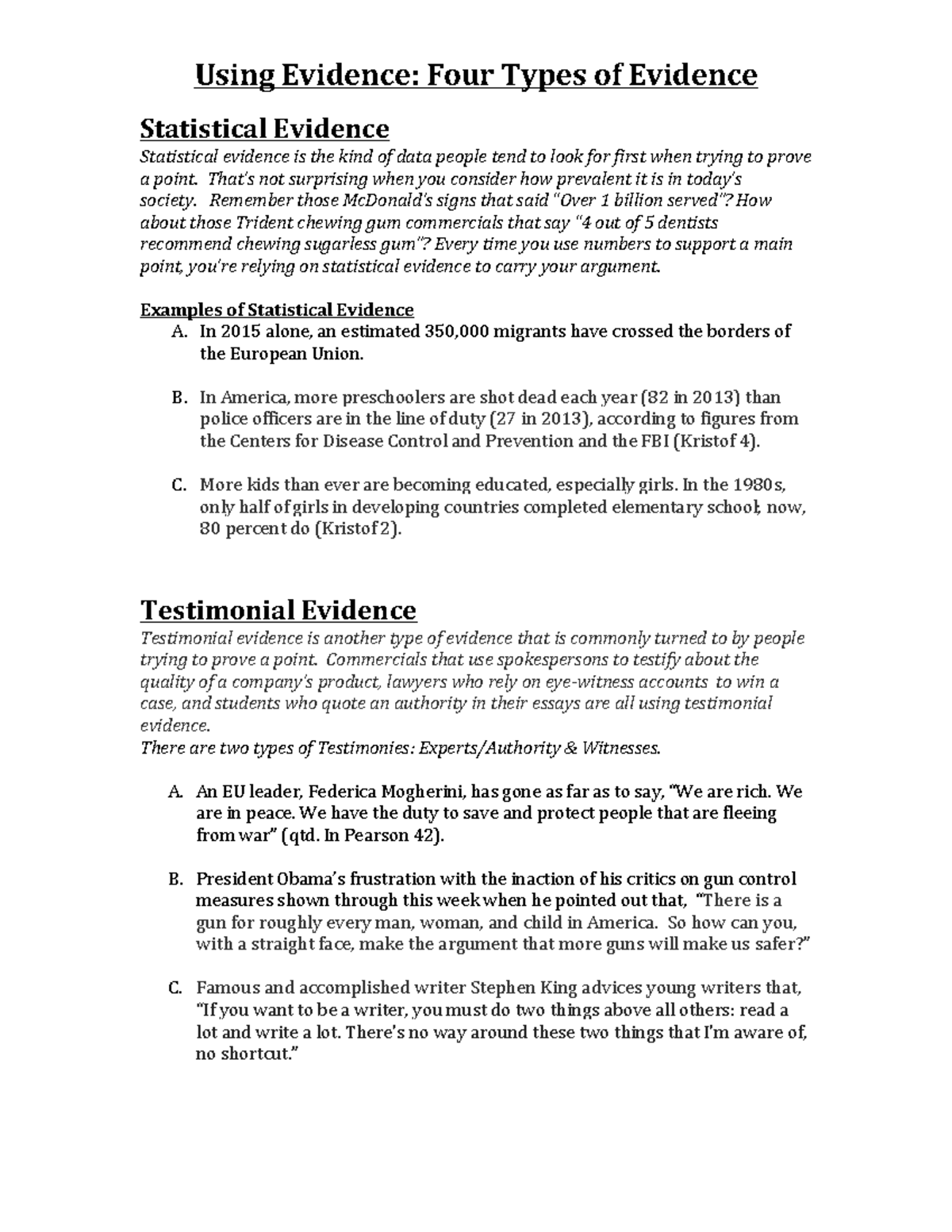 Types of evidence handout v - Using Evidence: Four Types of Evidence ...