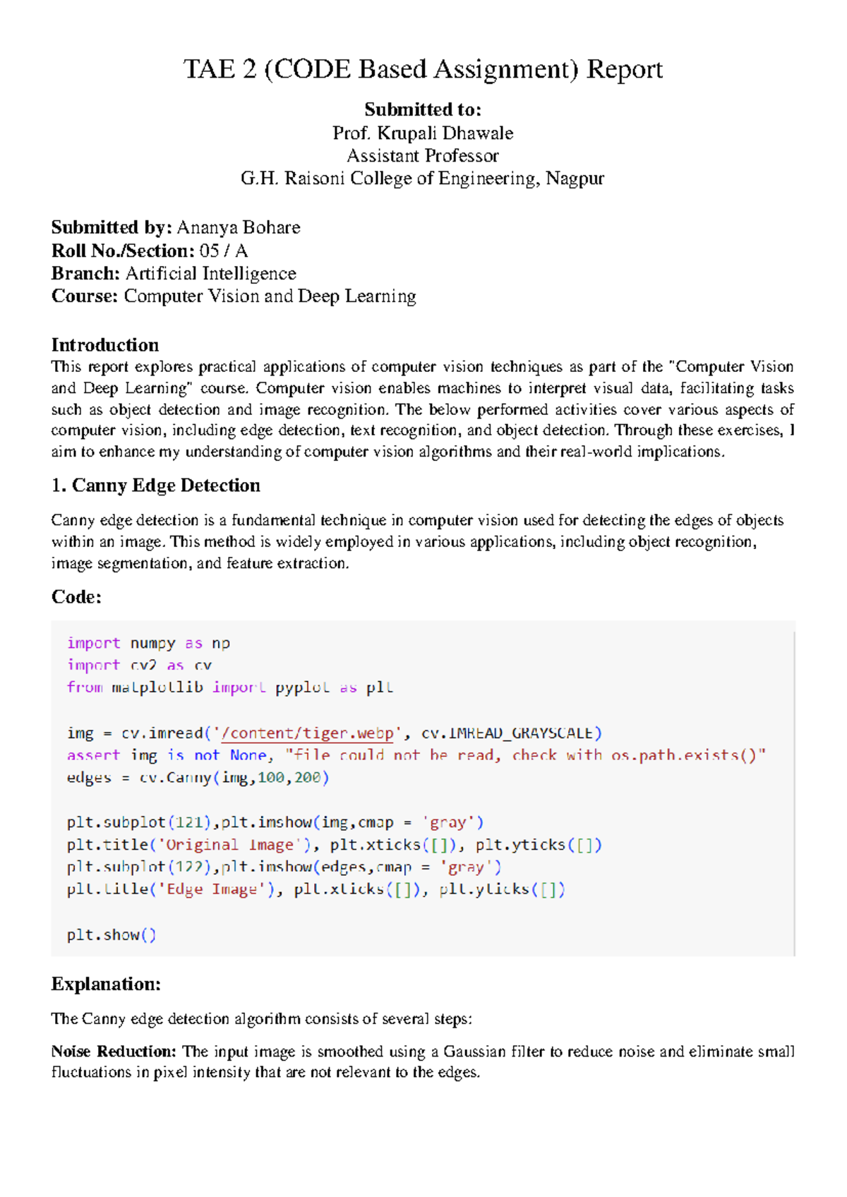 TAE 2 CVDL - TAE 2 (CODE Based Assignment) Report Submitted to: Prof ...