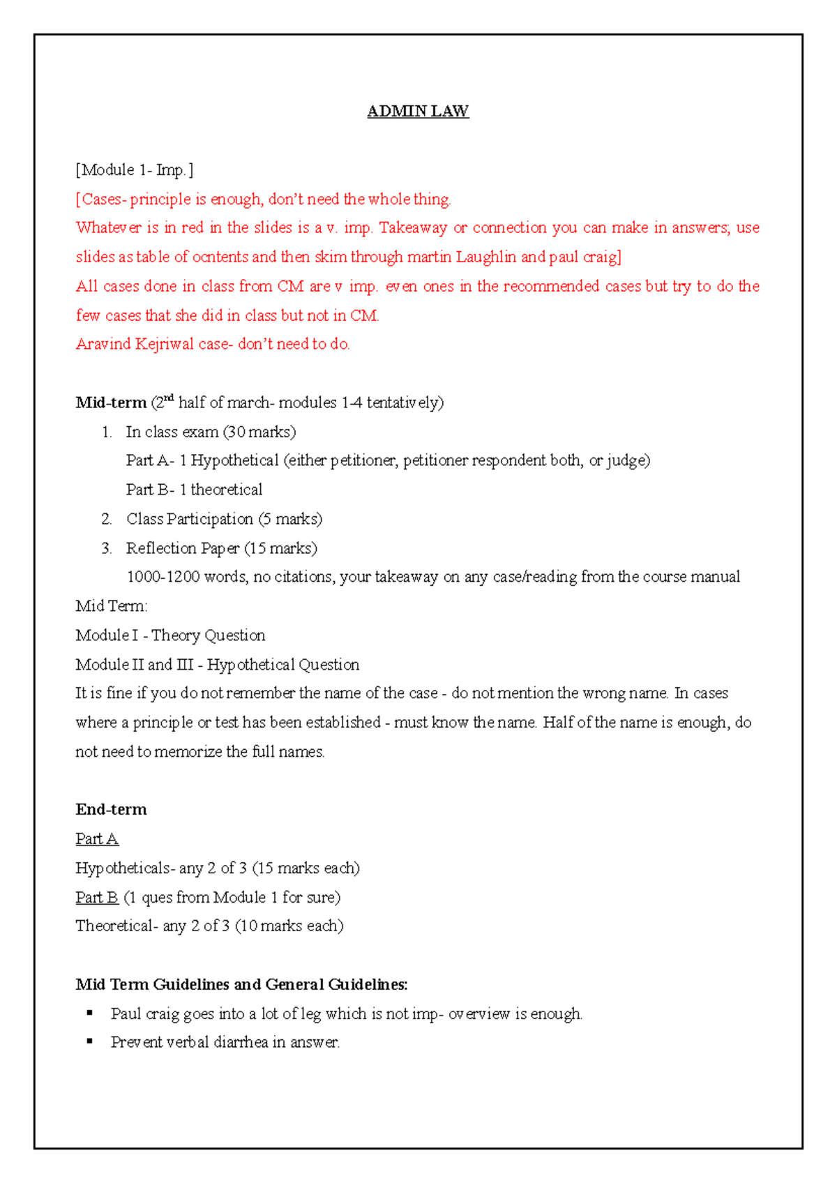 Admin Law - ADMIN LAW [Module 1- Imp.] [Cases- principle is enough, don’t need the whole thing ...