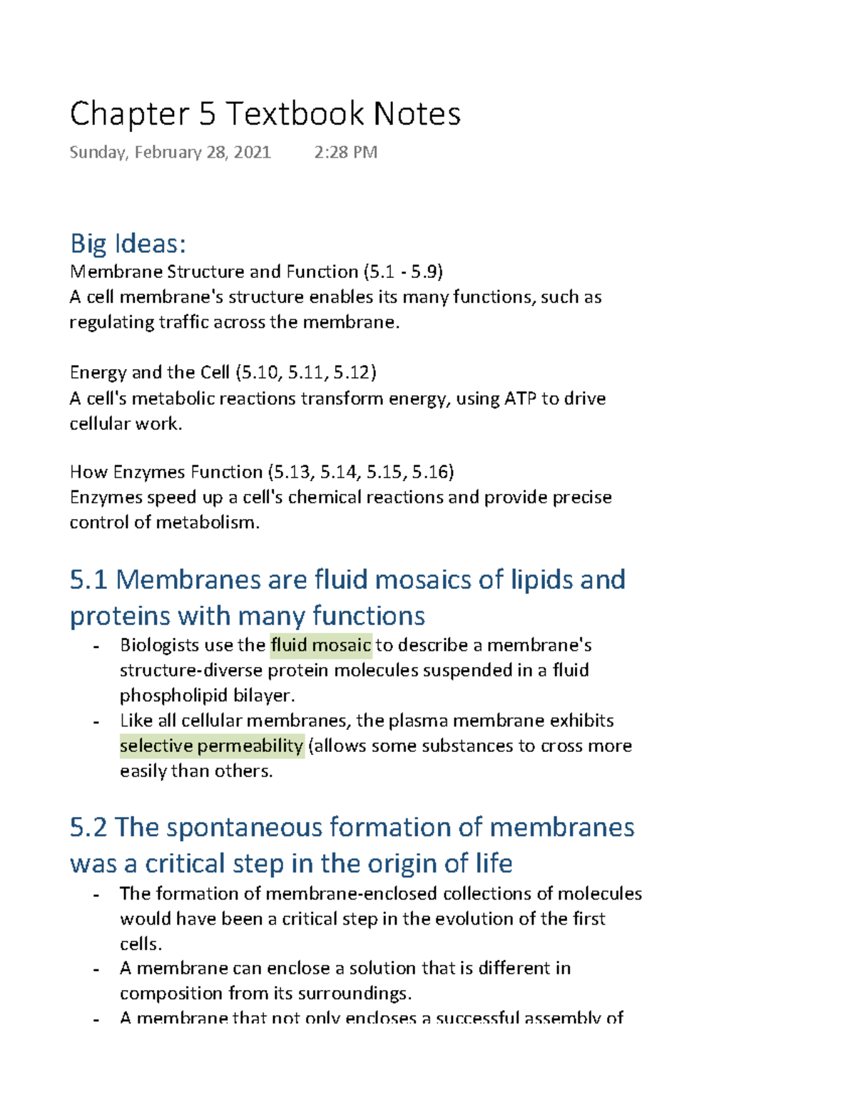 Chapter 5 Textbook Notes - Big Ideas: Membrane Structure and Function ...