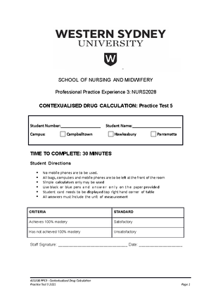 Practice Drug Calculation Test 2 with answers - SCHOOL OF NURSING AND ...