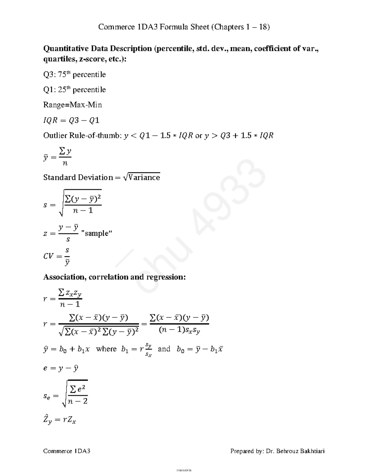 Formula Sheet Chapters 1 to 18 - Commerce 1DA3 Prepared by: Dr. Behrouz ...
