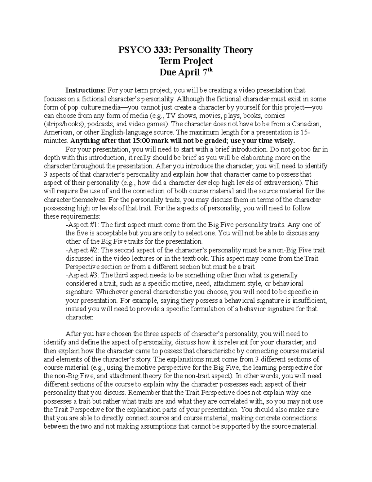 Term Project - PSYCO 333: Personality Theory Term Project Due April 7 ...