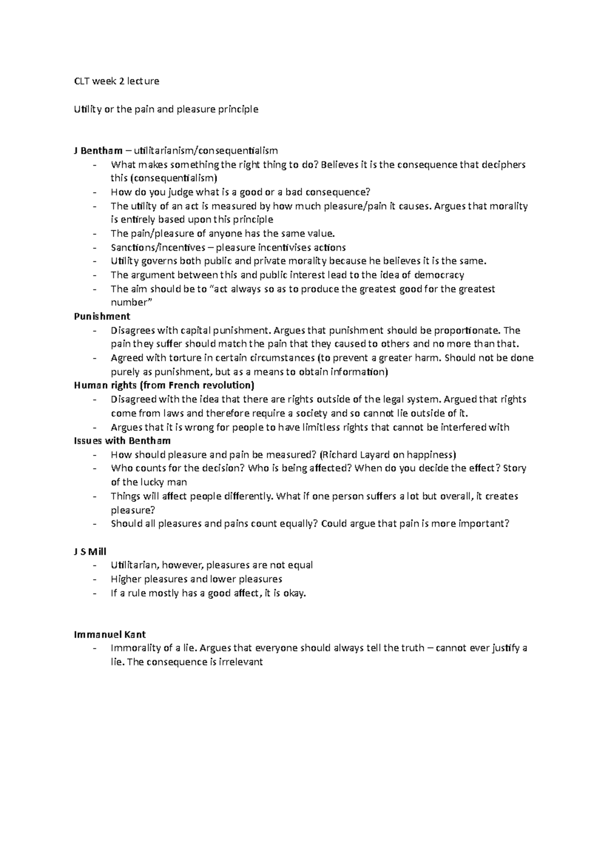 CLT lecture 2 - CLT week 2 lecture Utility or the pain and pleasure principle J Bentham – - Studocu