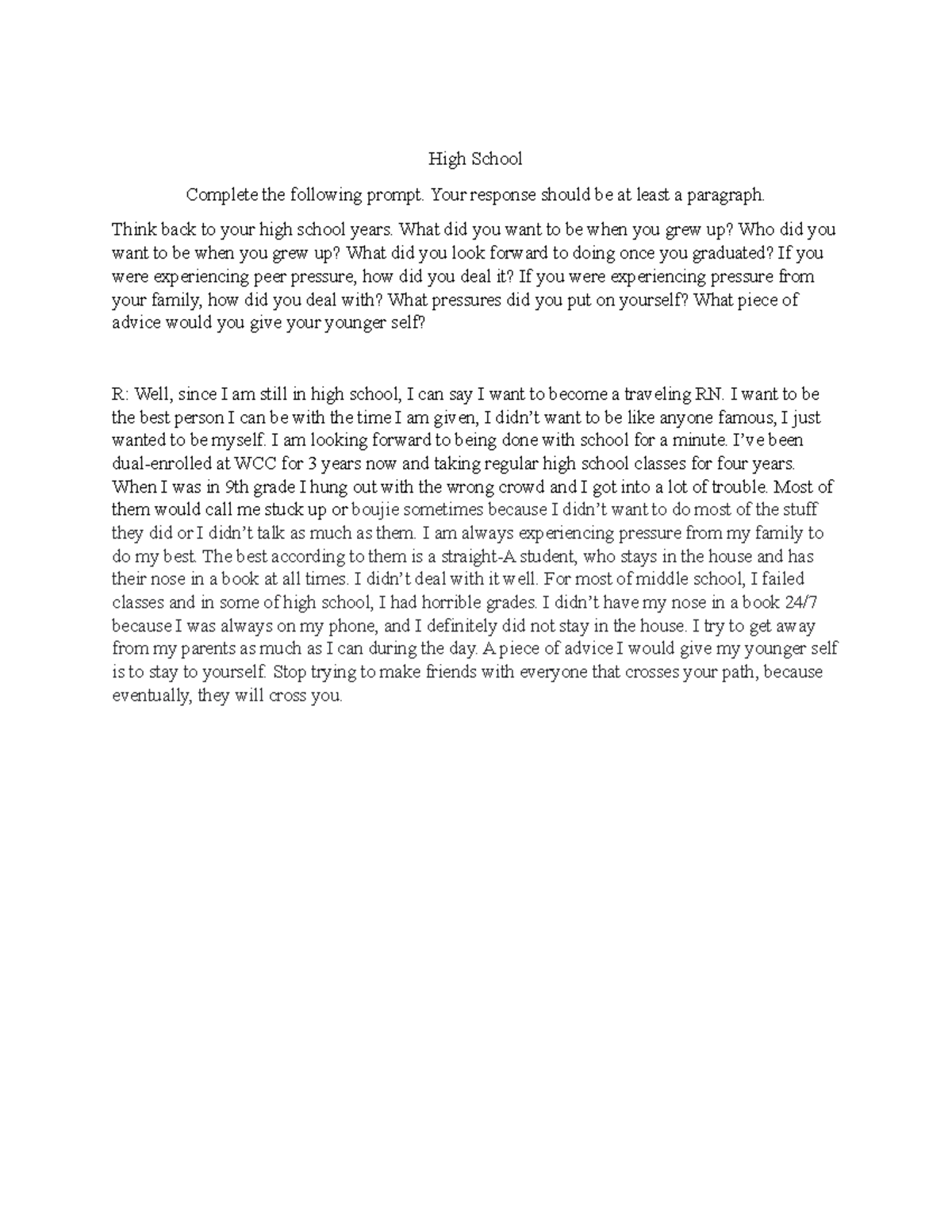 UTF-8''High school reflection - PSY 206 - WCC - Studocu