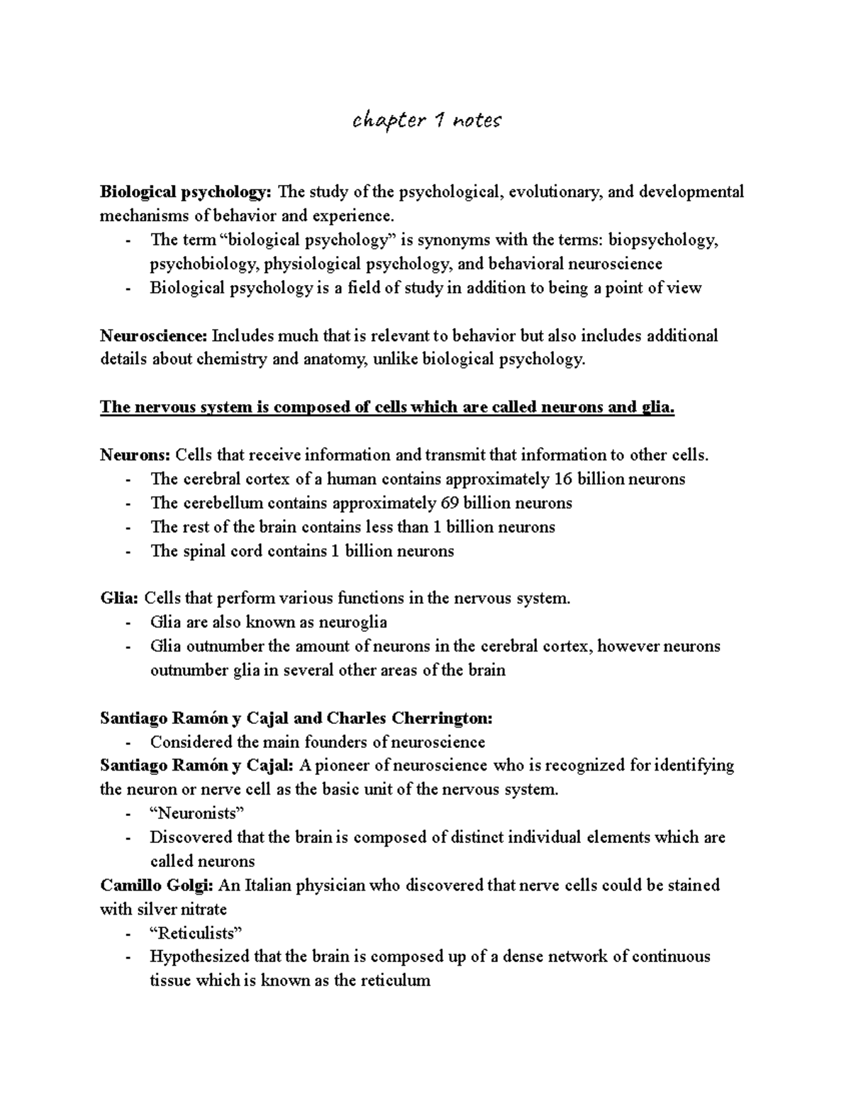 Chapter 1 Notes + PQ - cat 1 no Biological psychology: The study of the ...