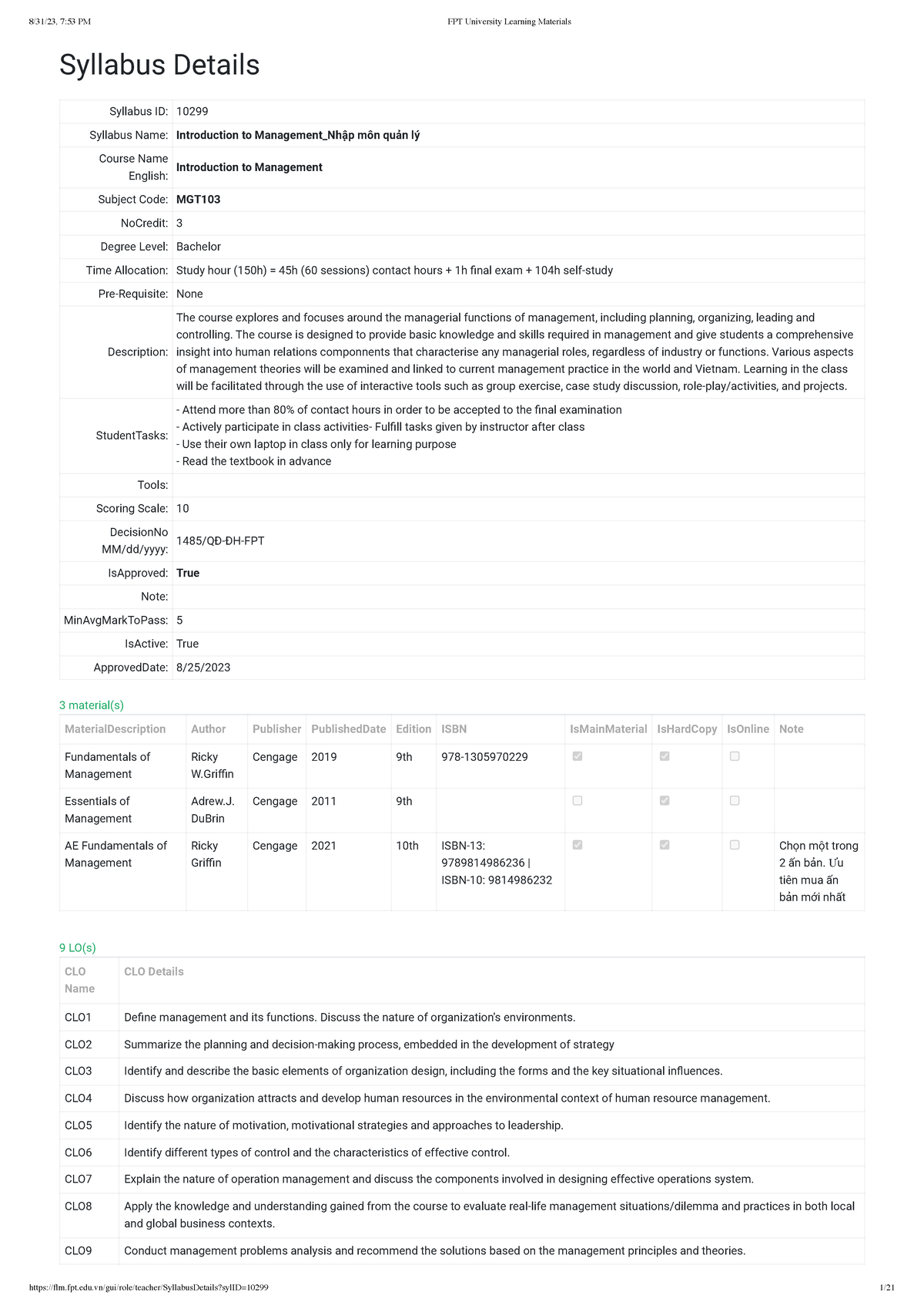 MGT103 - bài tập - Syllabus Details Syllabus ID: 10299 Syllabus Name ...