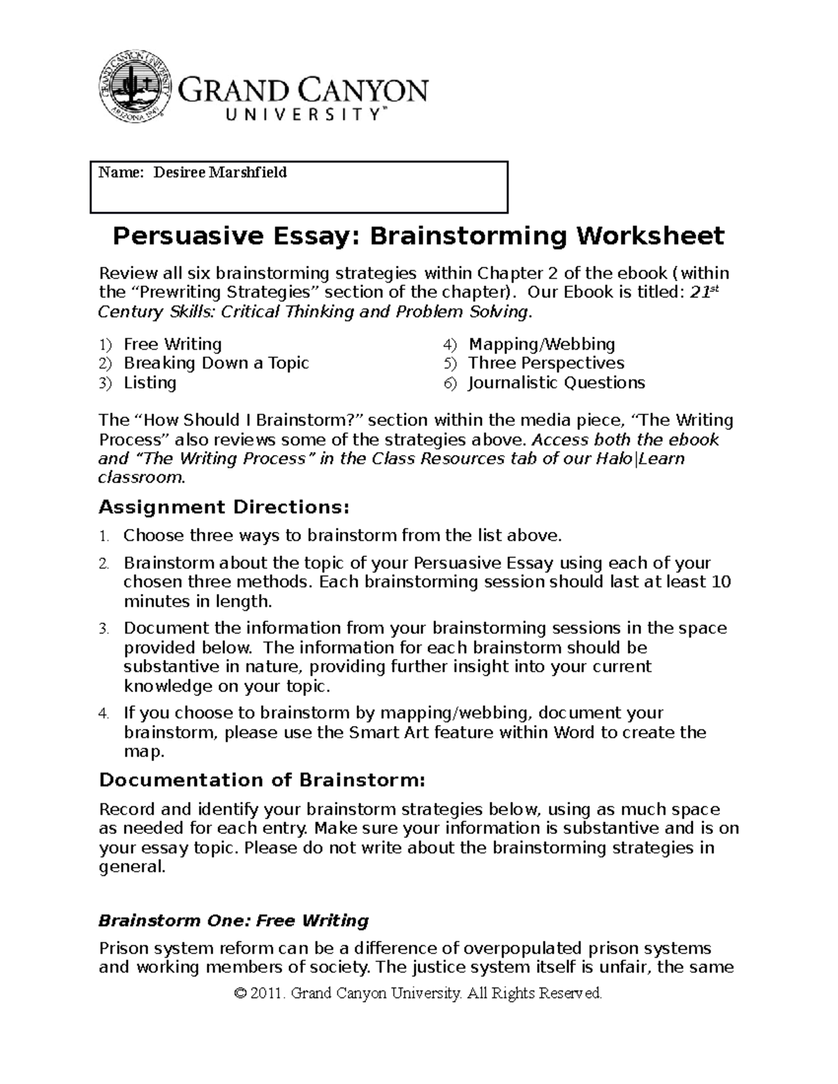 PHI105 T2 Brainstorming Worksheet - Name: Desiree Marshfield Persuasive ...