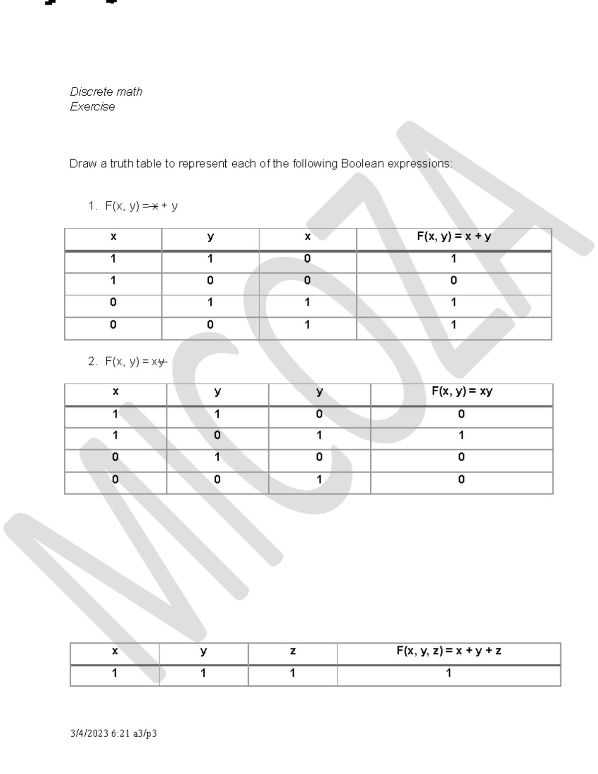 Boolean Expression - Discrete math Exercise Draw a truth table to ...
