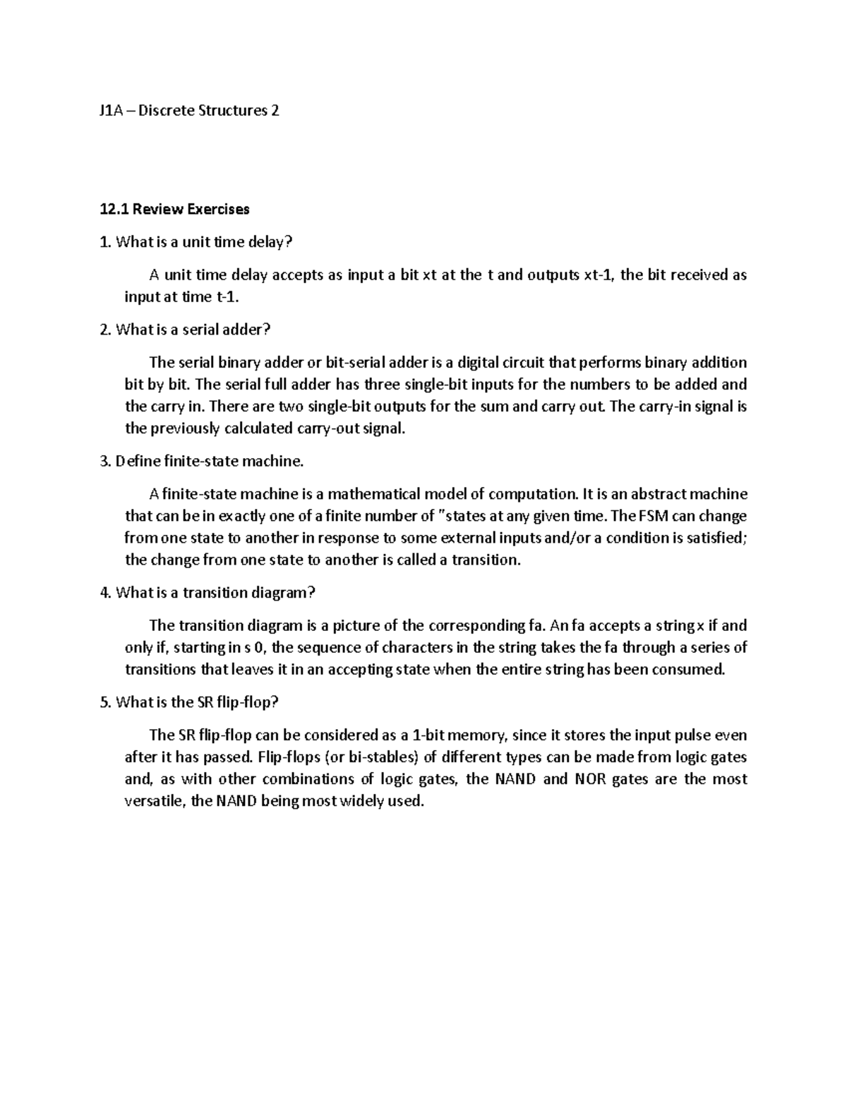 Discrete-Exercise - J1A – Discrete Structures 2 12 Review Exercises ...