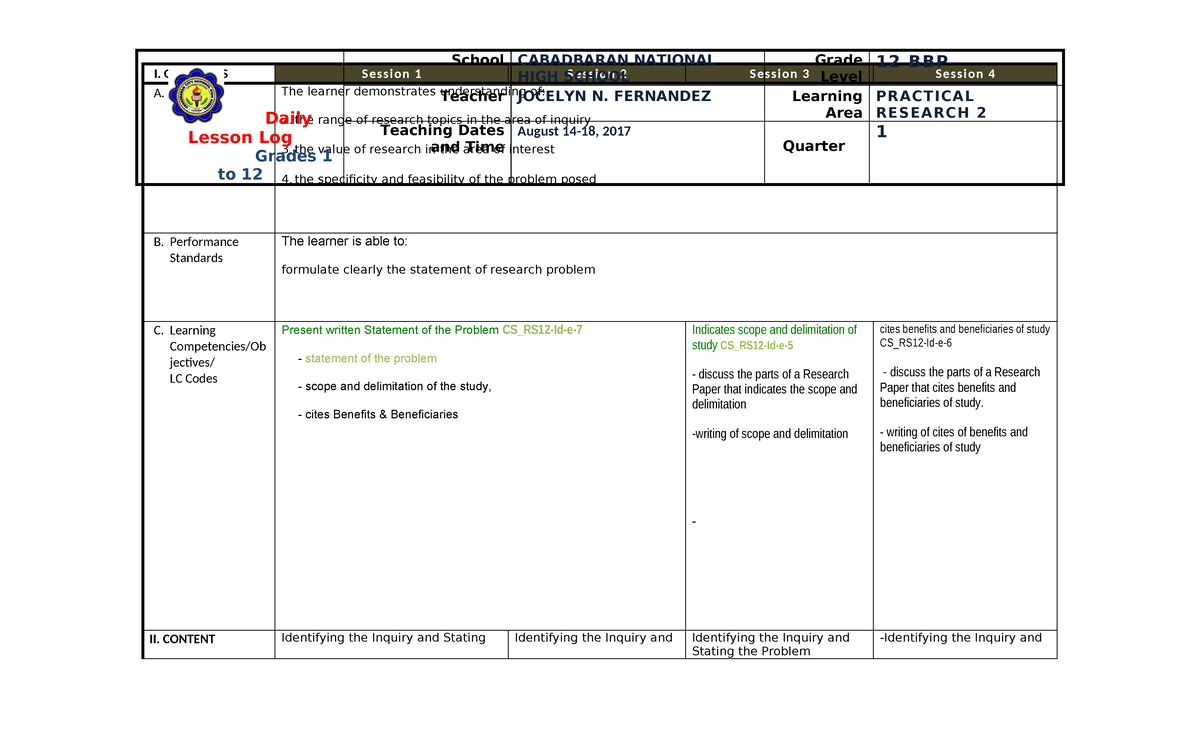 PR 2 August 7 11 2017 - DLL FOR teachers - I. OBJECTIVES Session 1 ...