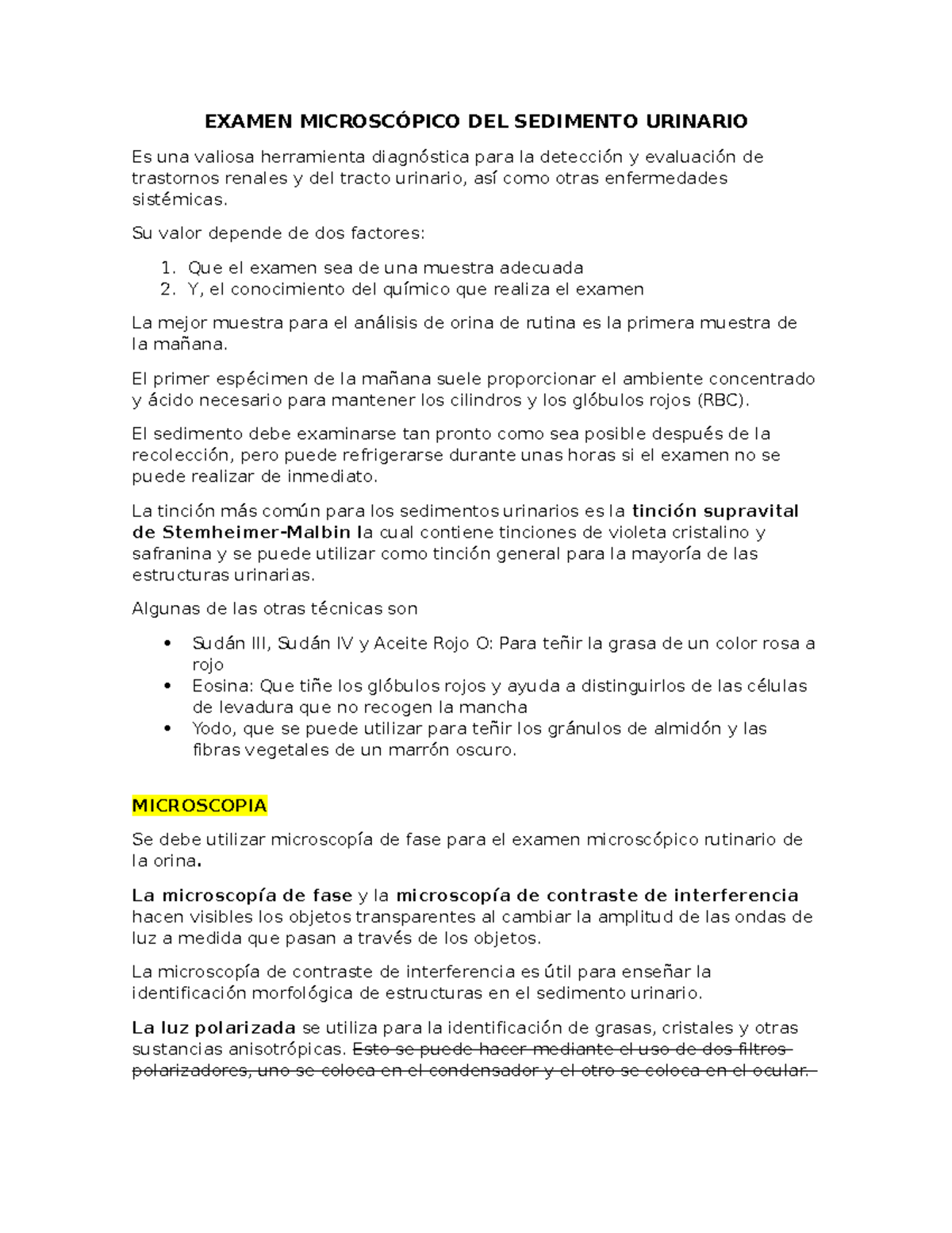 Examen microscopico de orina: Resumen - EXAMEN MICROSCÓPICO DEL ...