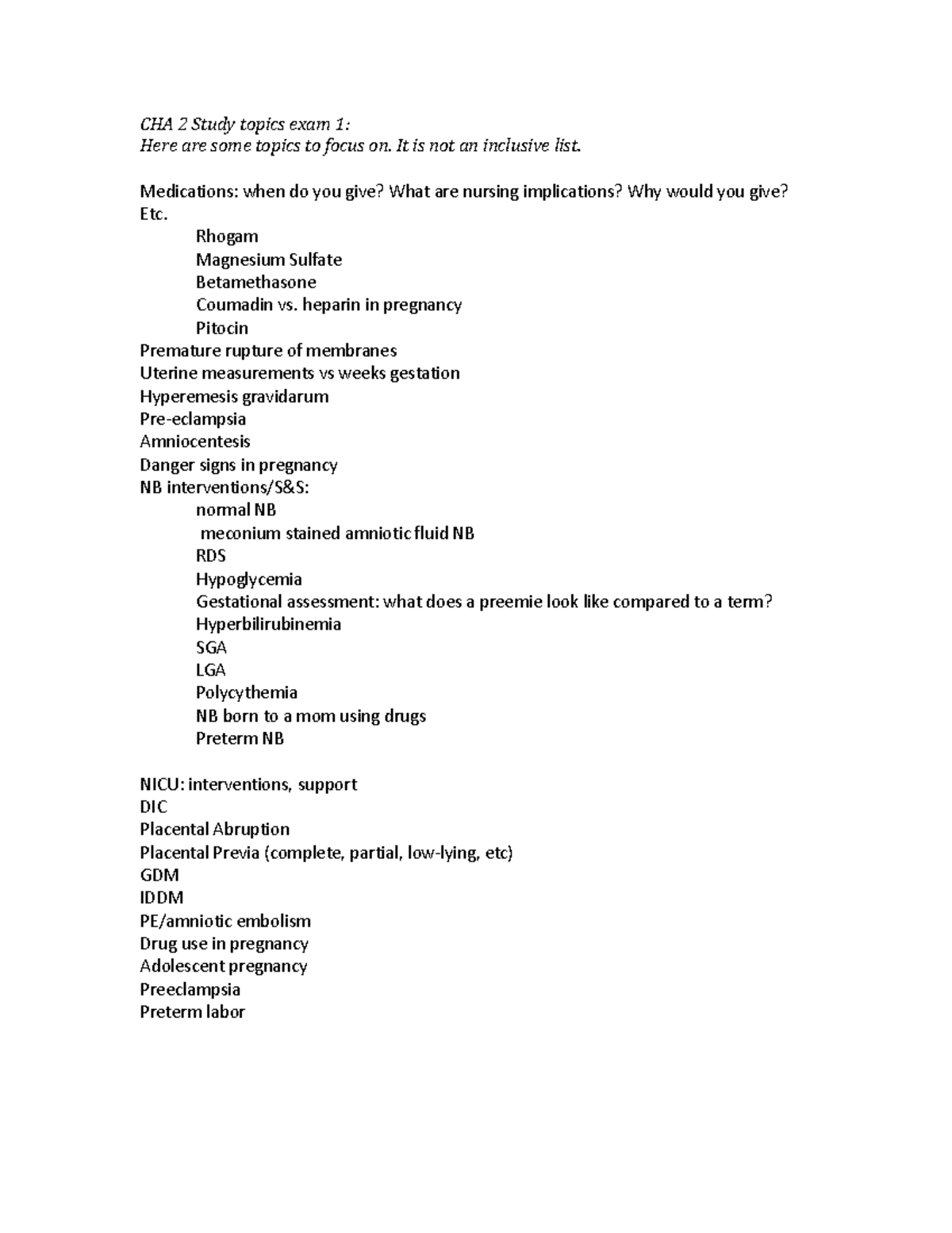 CHA 2 Study topics exam 1 - CHA 2 Study topics exam 1: Here are some ...