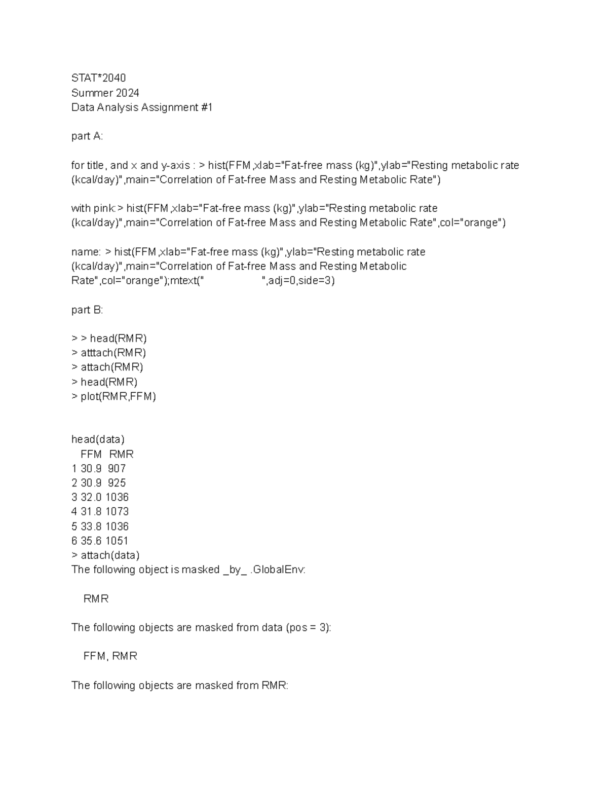 Stats 2040 Assignment #1 - STAT* Summer 2024 Data Analysis Assignment # part A: for title, and x ...