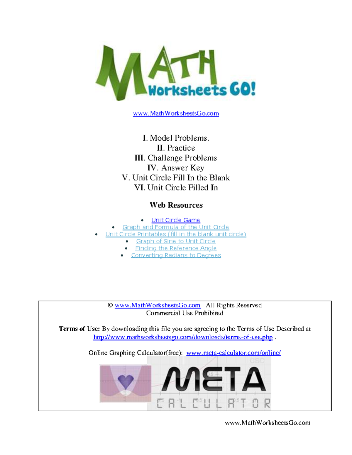 Unit-circle-worksheet - MathWorksheetsGo I. Model Problems. II ...