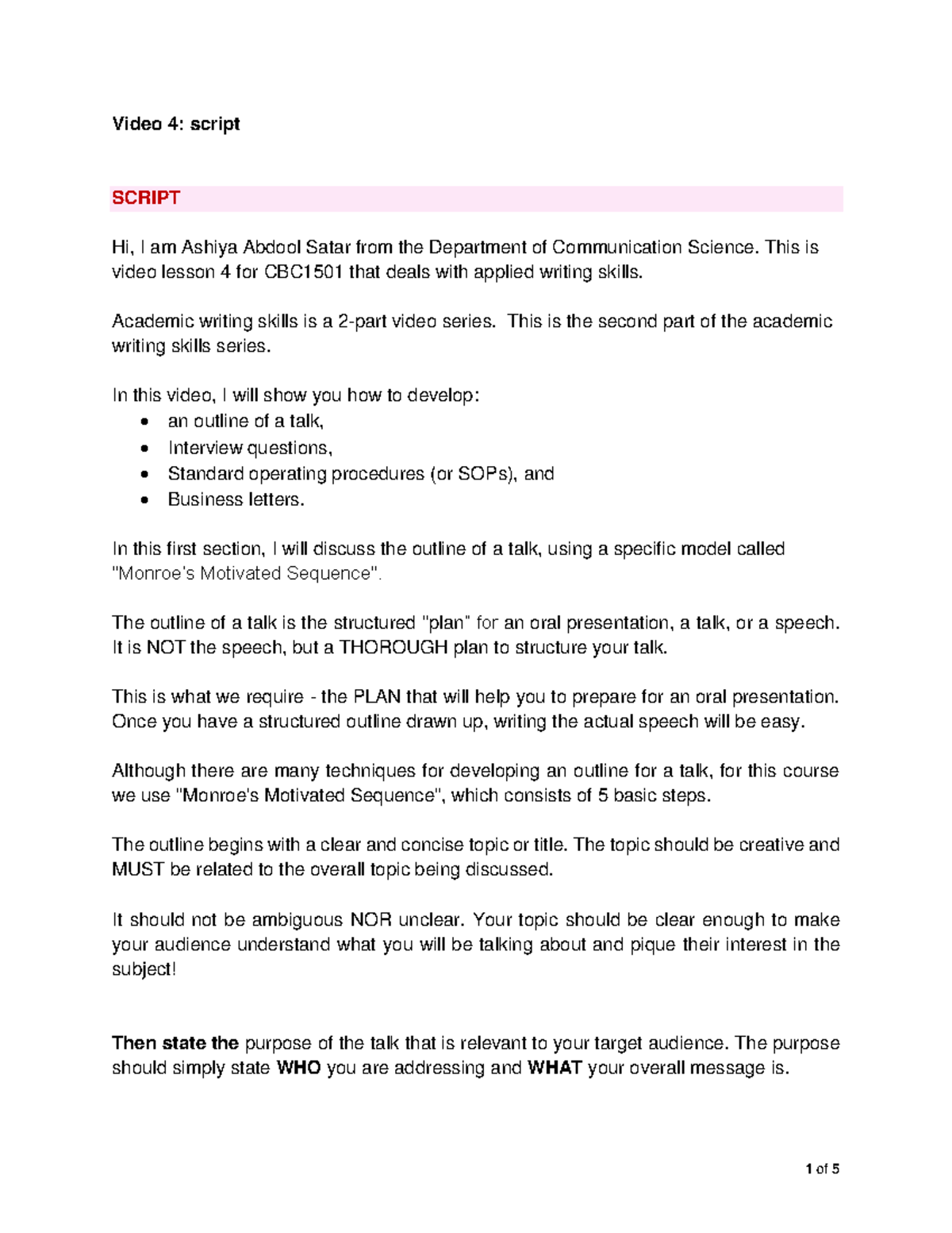 Video Lesson 4 Transcript - CBC150 - Unisa - Studocu