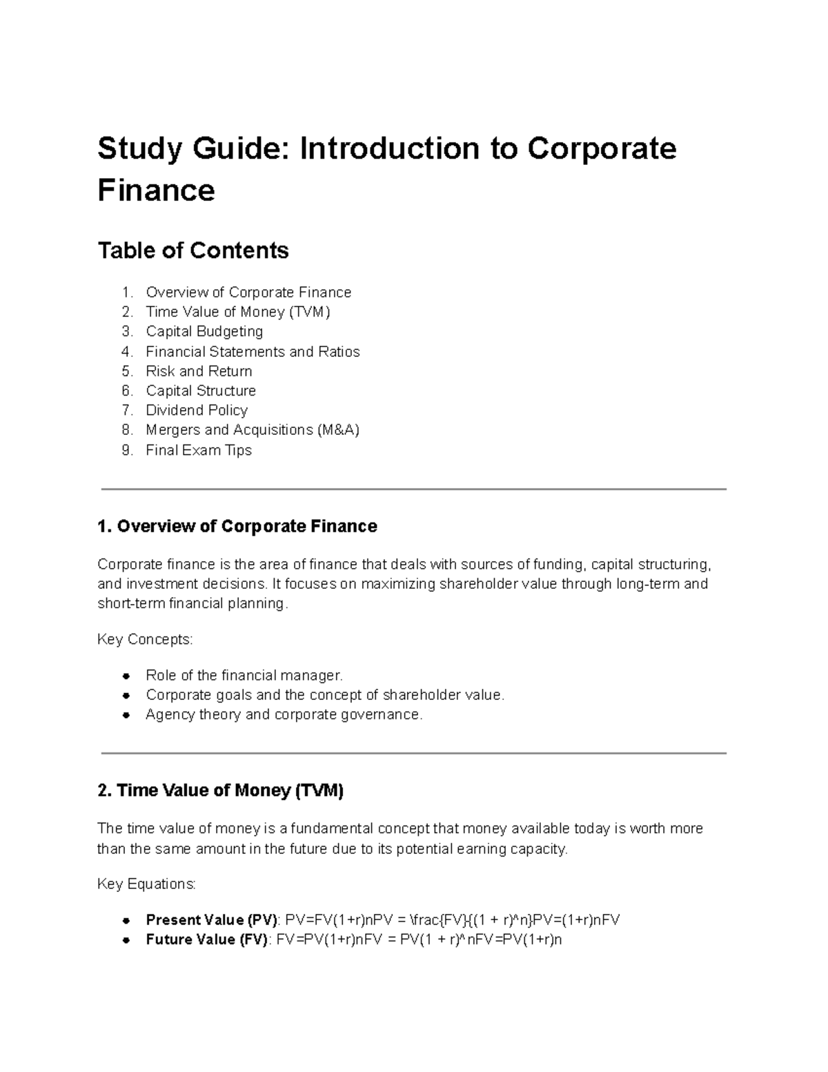 Finance Study Guide - Study Guide: Introduction to Corporate Finance ...