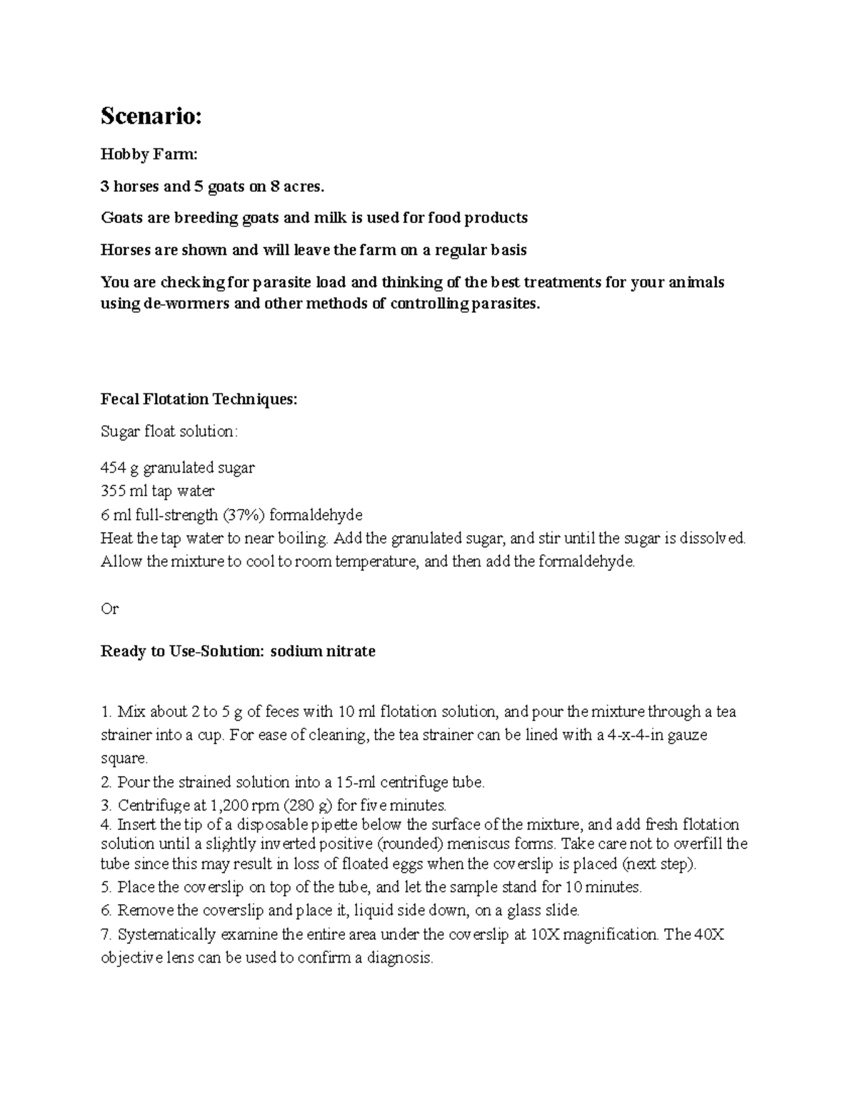 Fecal Flotation Techniques lab - Scenario: Hobby Farm: 3 horses and 5 ...