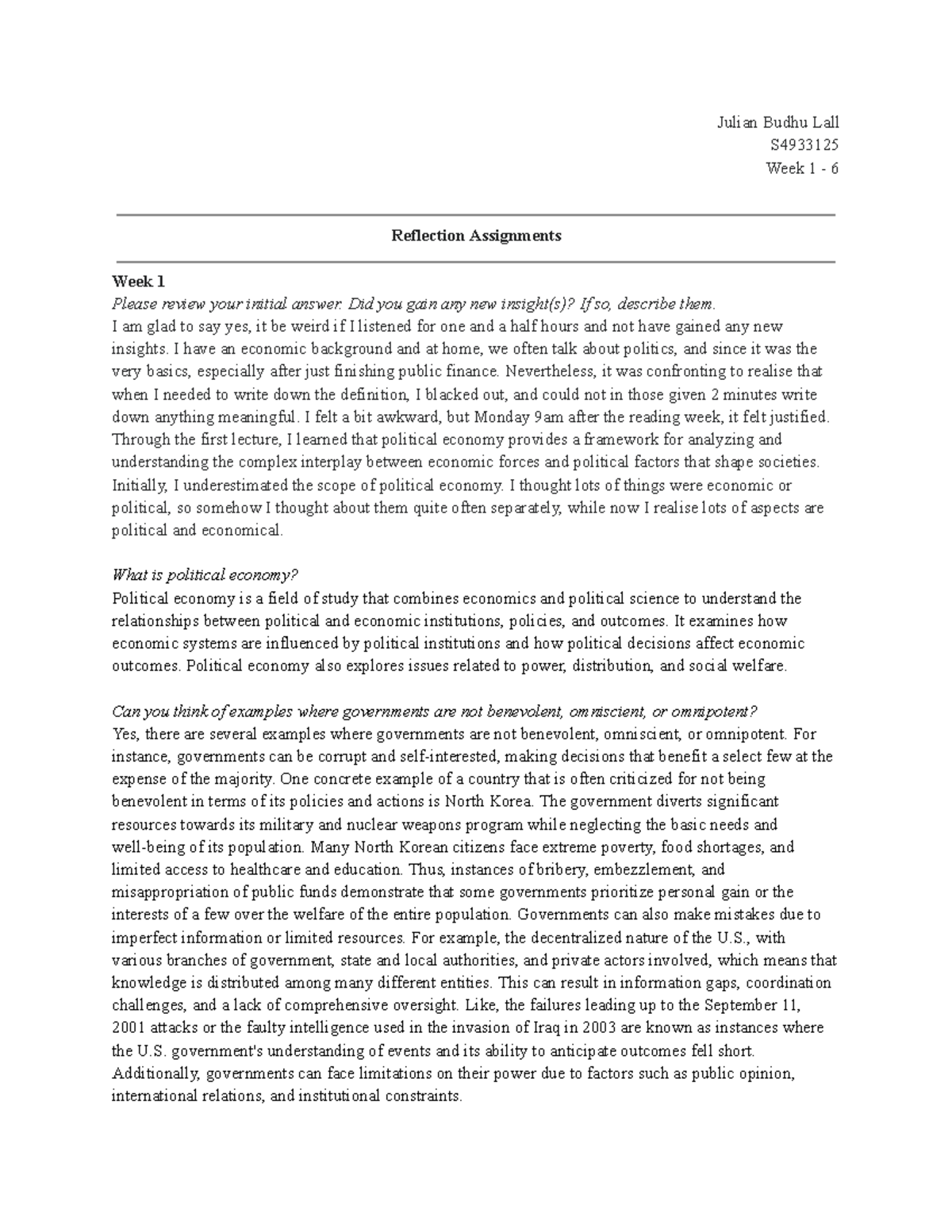 Political Economy - Reflections - Julian Budhu Lall S Week 1 - 6 Reflection Assignments Week 1 ...