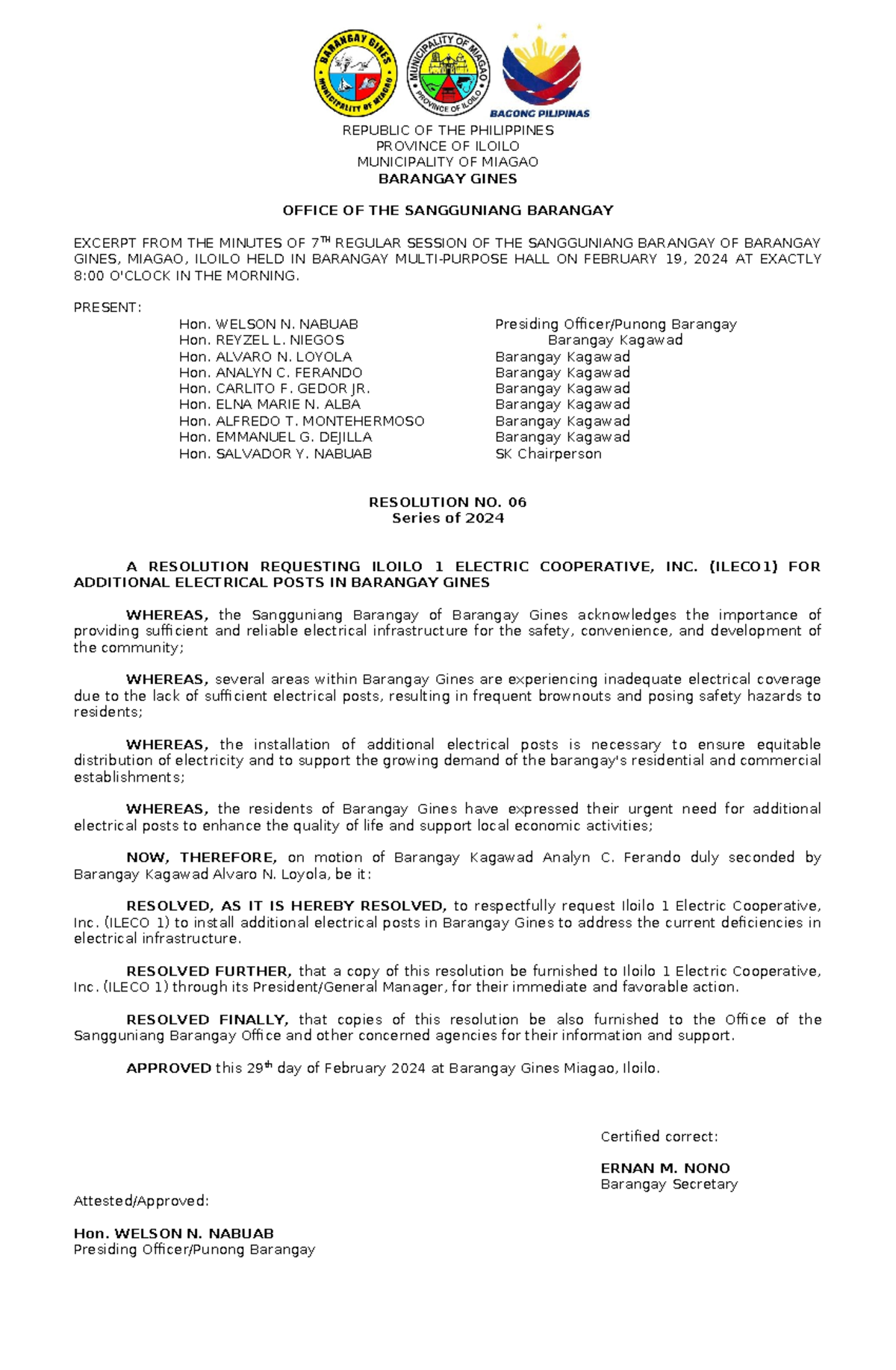 RESO 6 Ileco additional electrical posts - REPUBLIC OF THE PHILIPPINES PROVINCE OF ILOILO - Studocu