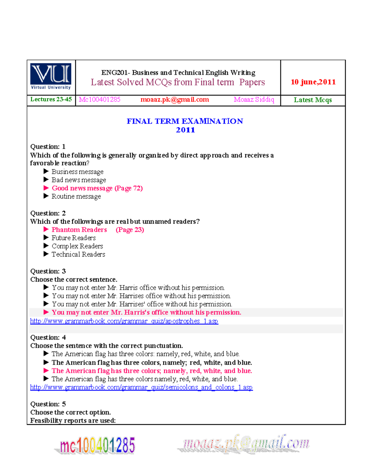 Eng201 final term mcqs solved with references by moaaz - ENG201- Business and Technical English ...
