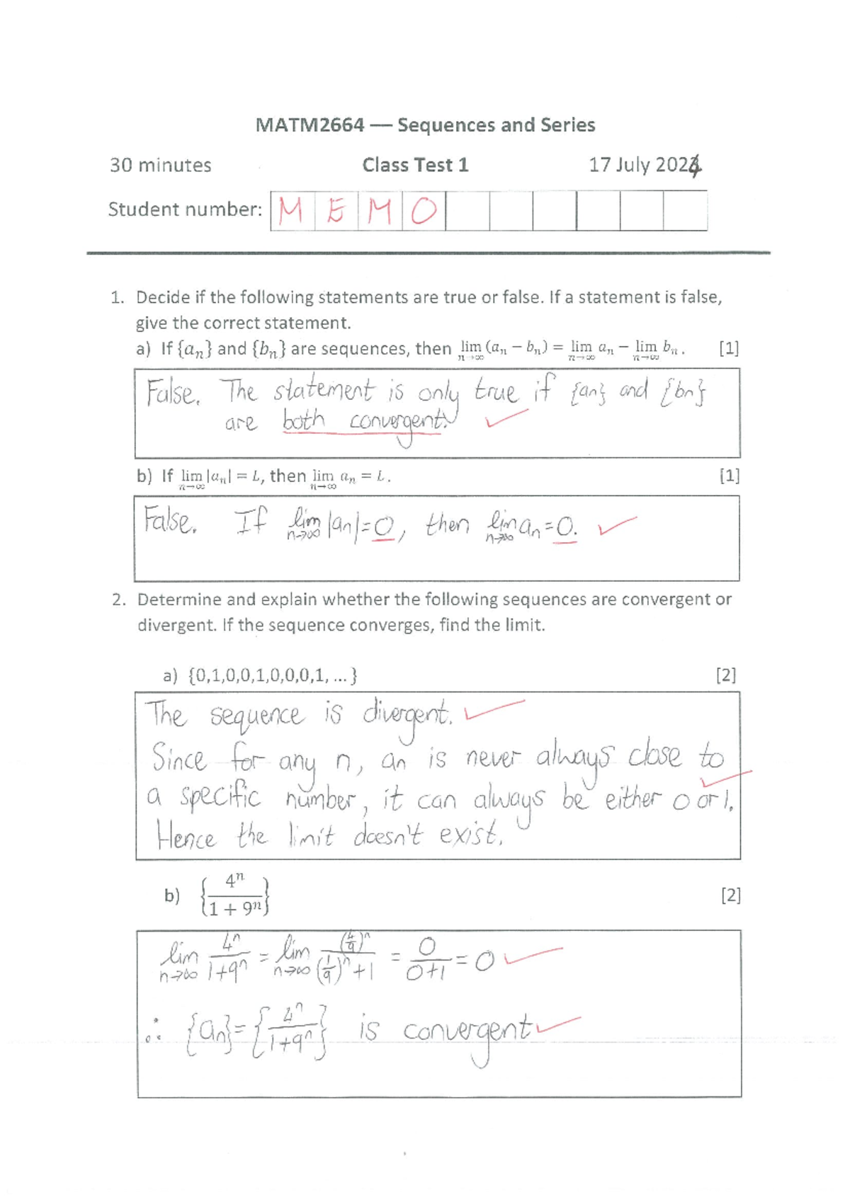 Class Test 1 Memo - Practice - MATM2664 Sequences and Series 30 minutes ...