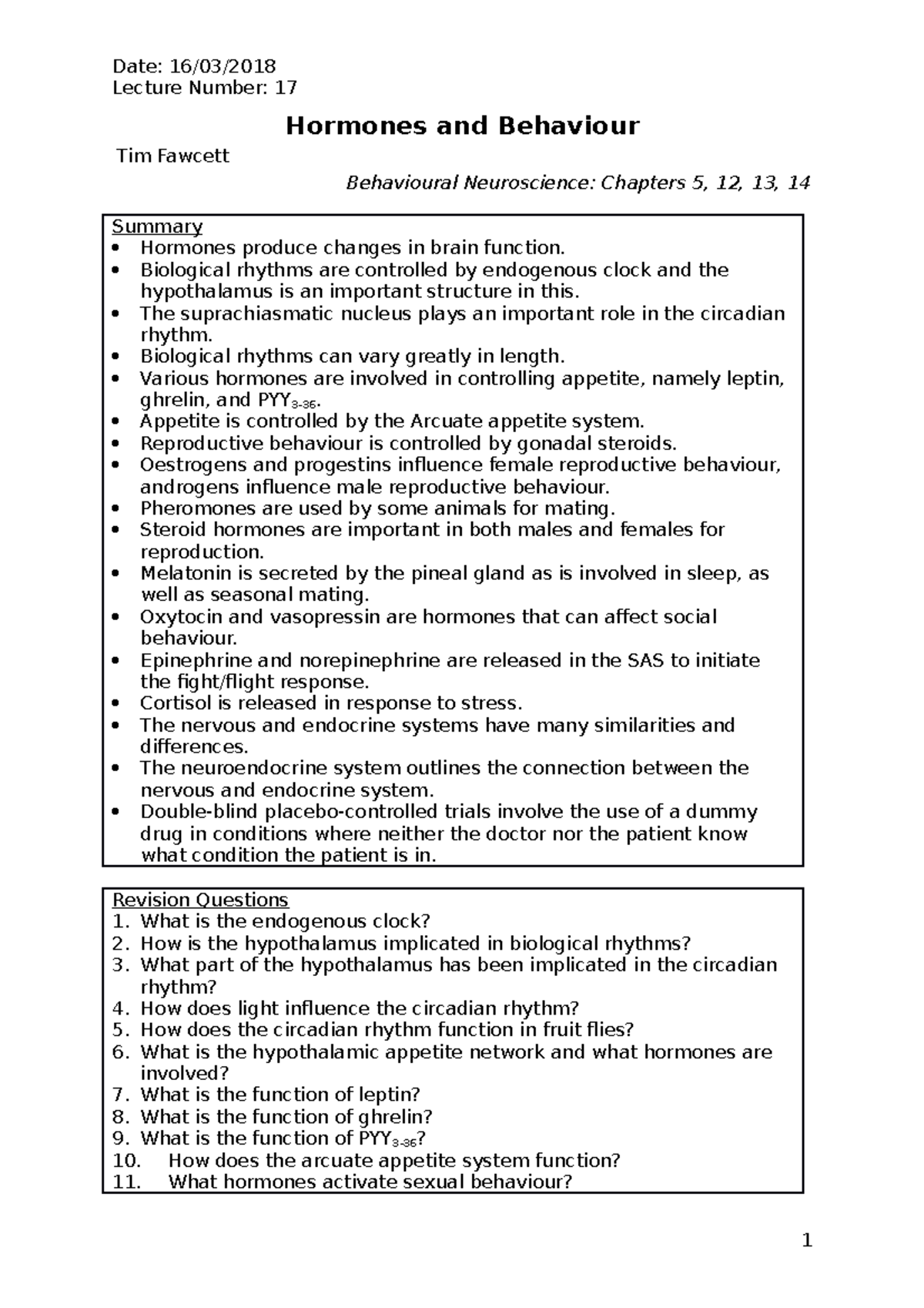 Hormones & Behaviour - Lecture Number: 17 Hormones and Behaviour Tim ...