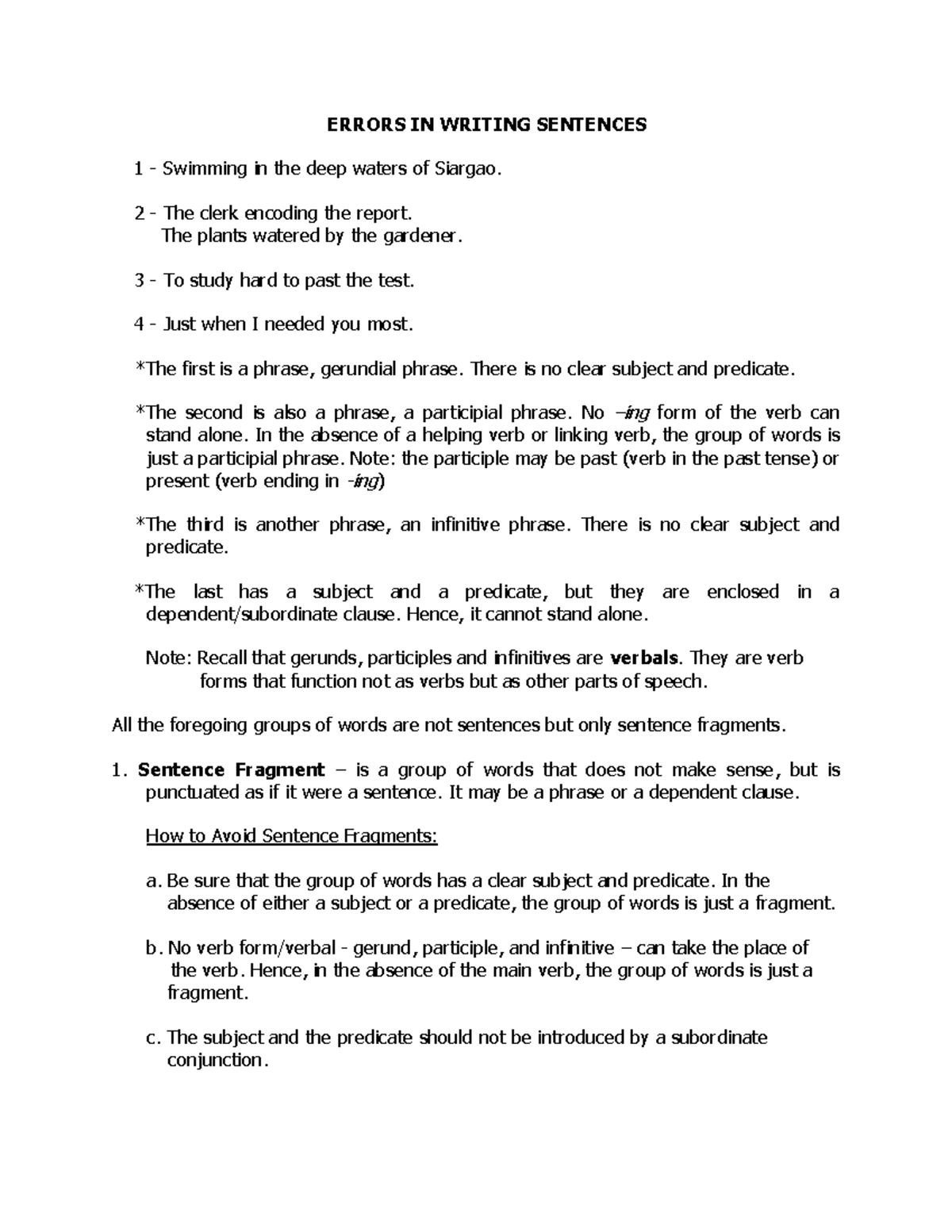 Errors IN Writing Sentences - ERRORS IN WRITING SENTENCES 1 - Swimming ...