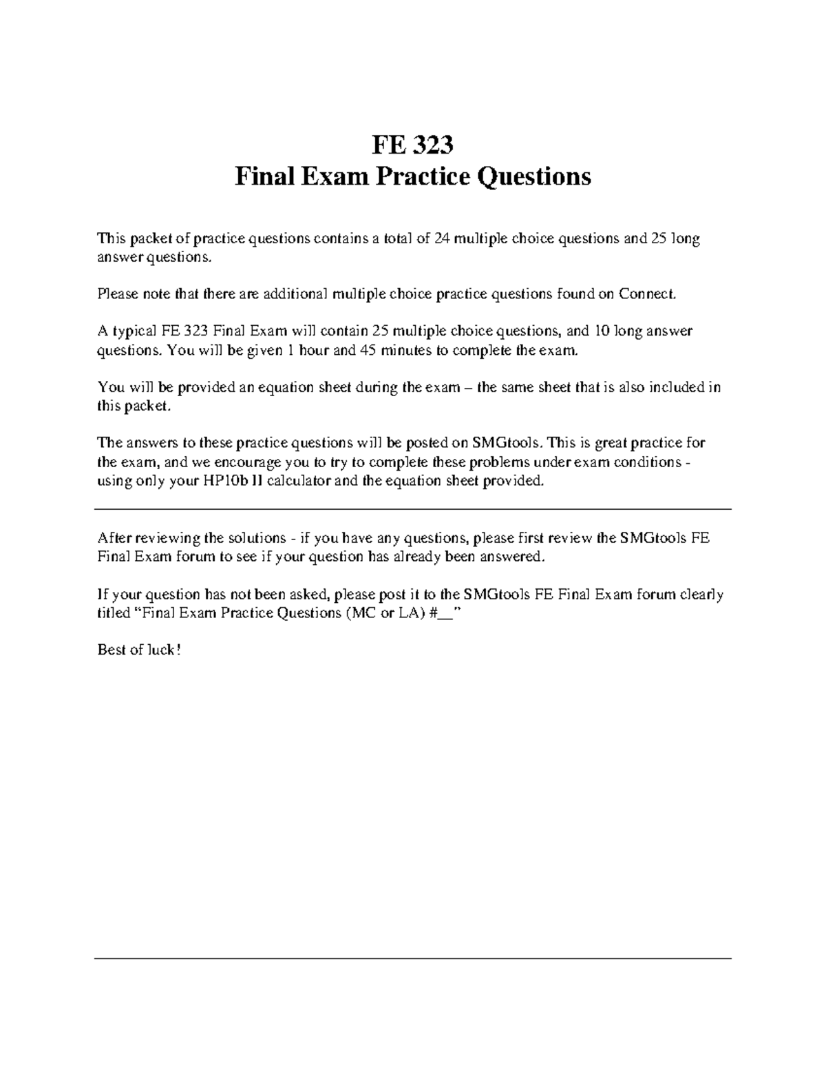 FE 323 Final Practice Exam Solutions - FE 323 Final Exam Practice ...