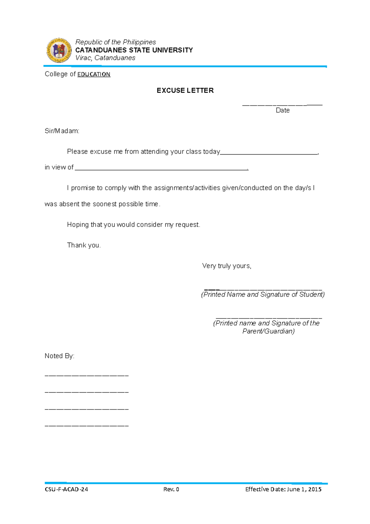 Excuse Letter - dasdasdasd - Republic of the Philippines CATANDUANES ...