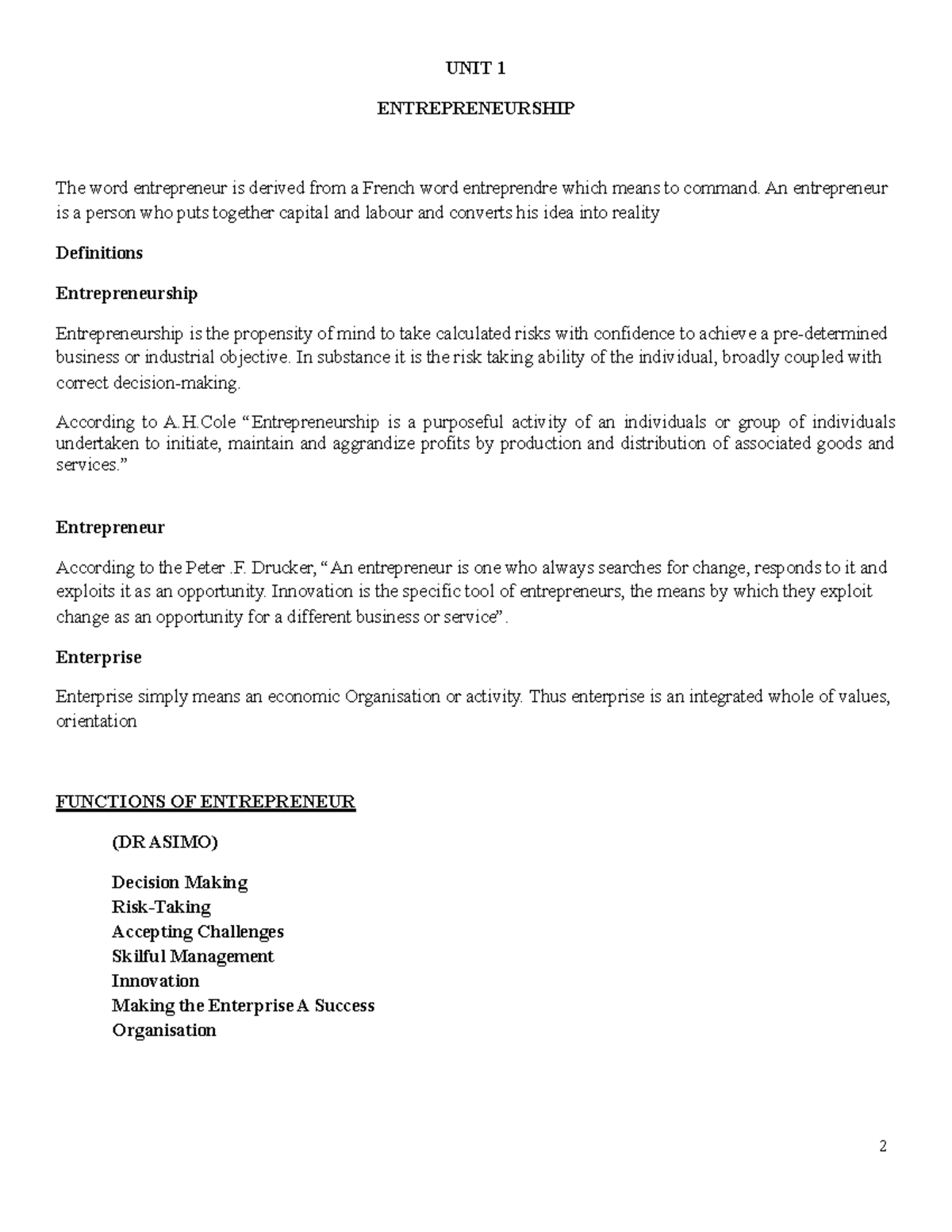 Unit 1 - Lecture notes 1 - 2 UNIT 1 ENTREPRENEURSHIP The word ...