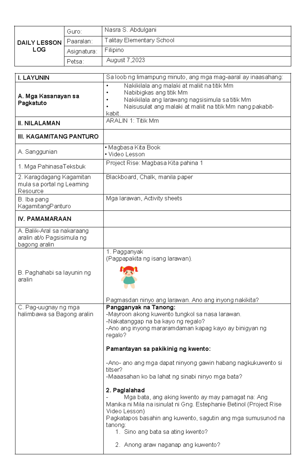 Daily Lesson LOG - DAILY LESSON LOG Guro: Nasra S. Abdulgani Paaralan ...