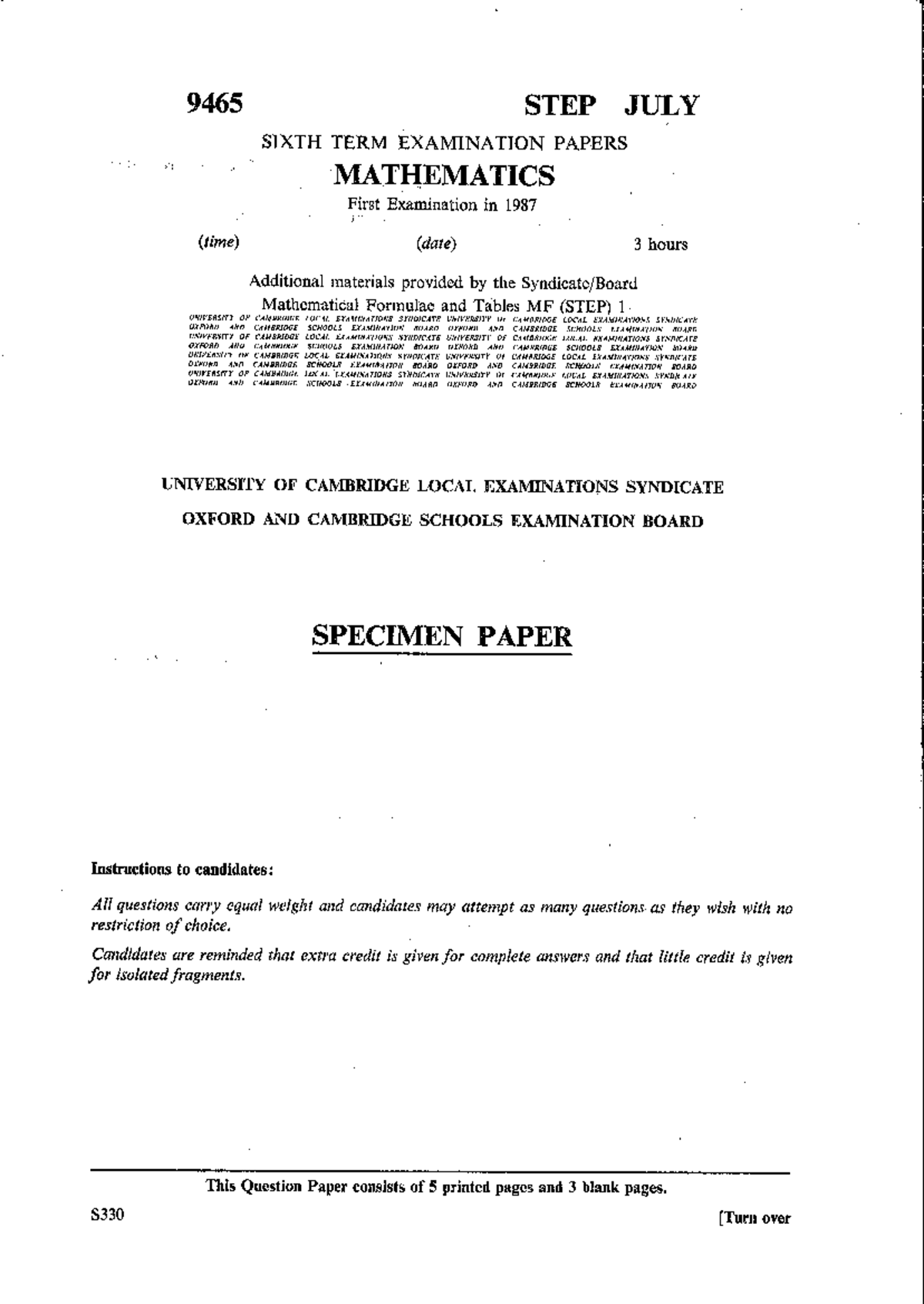 1987 Specimen STEP 1 - Maths - Studocu