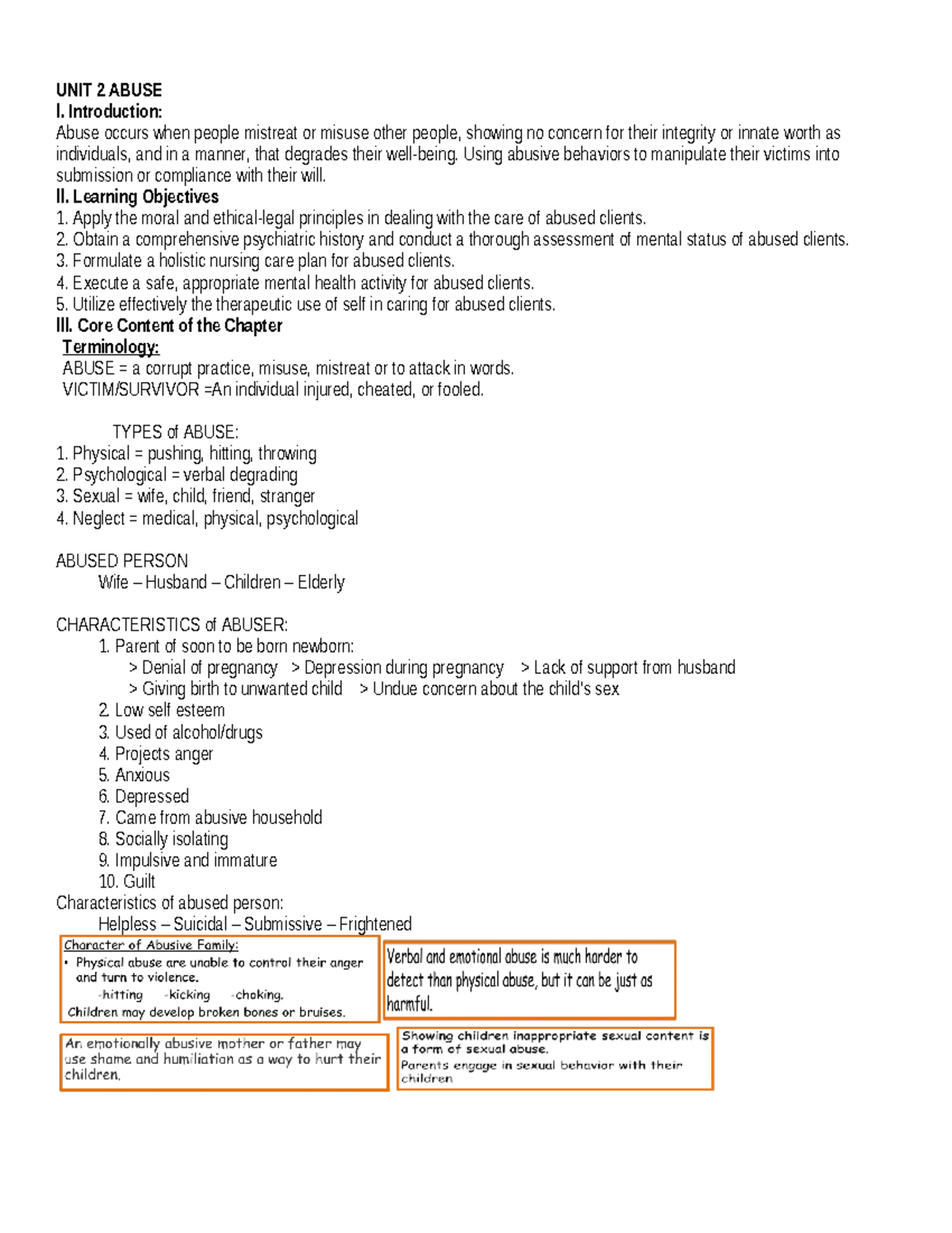 Psy lec long quiz 05-29-24 - UNIT 2 ABUSE l. Introduction: Abuse occurs ...