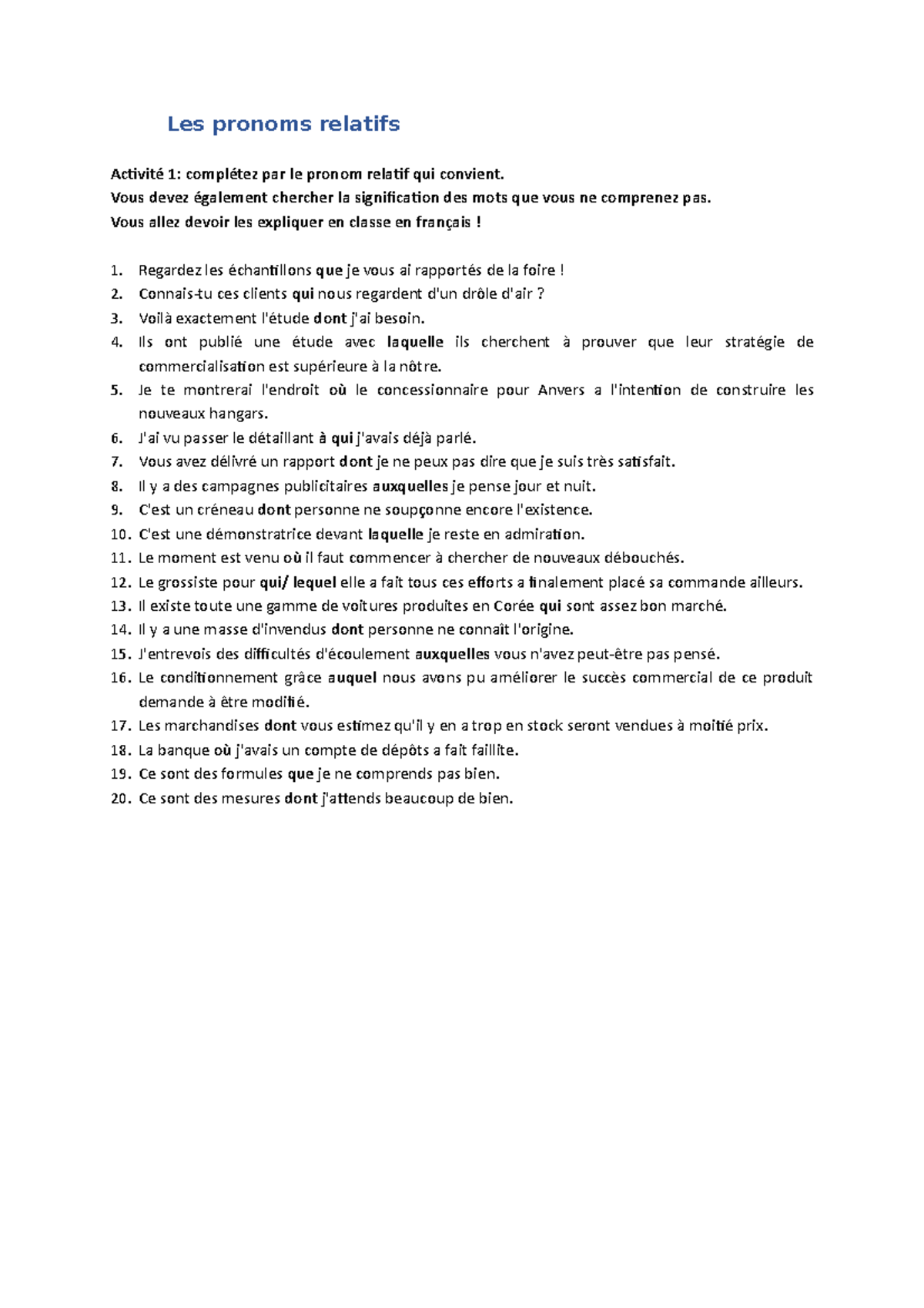 Les pronoms relatifs exercice - Les pronoms relatifs Activité 1 ...