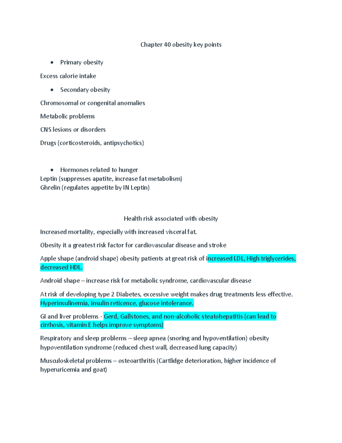 Study guide-2 - Chapter 40 obesity key points Primary obesity Excess ...