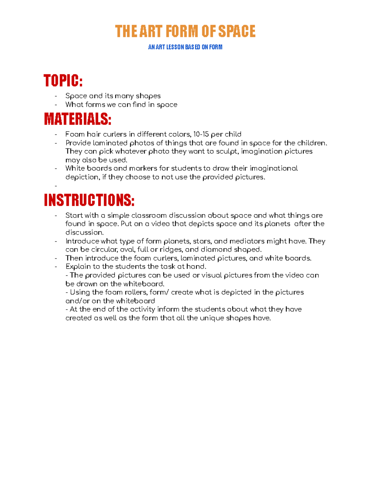 EDUC2235- Lesson Plan - THE ART FORM OF SPACE AN ART LESSON BASED ON ...